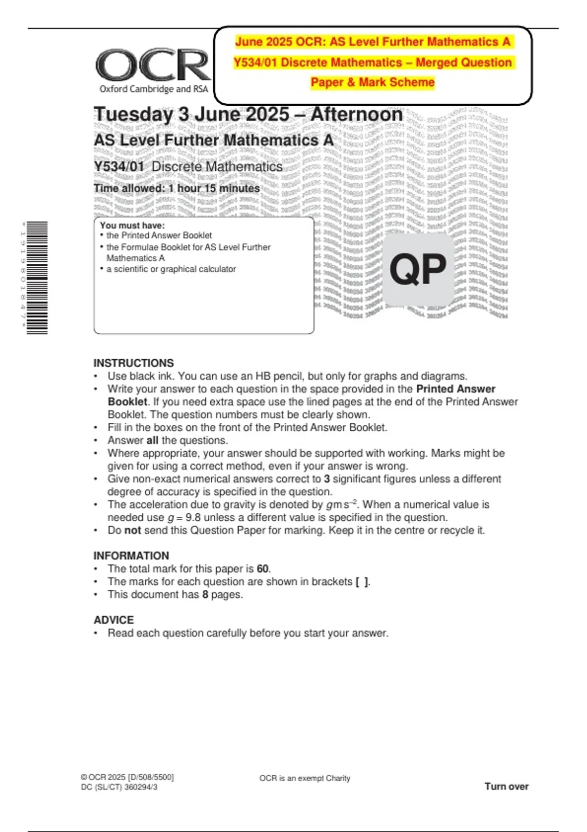 June 2025 OCR: AS Level Further Mathematics A Y534/01 Discrete Mathematics – Merged Question ...