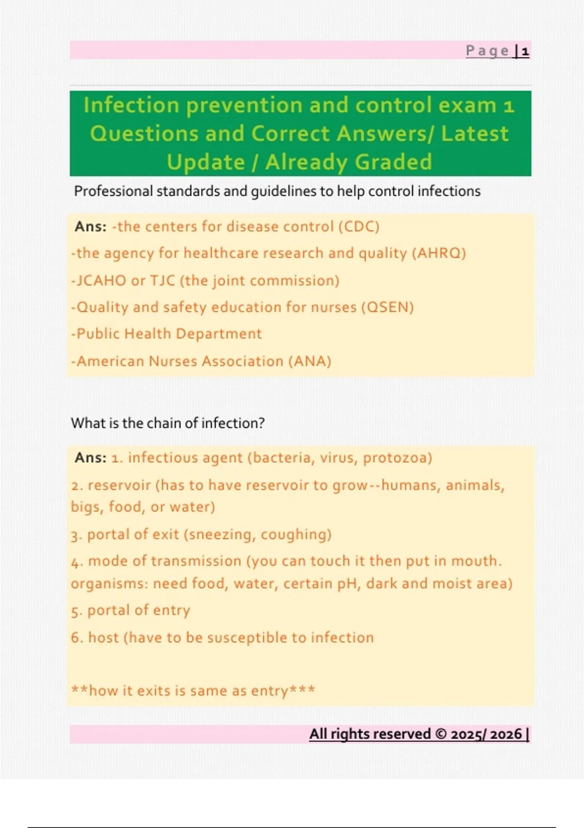 Infection prevention and control exam 1 Questions and Correct Answers ...