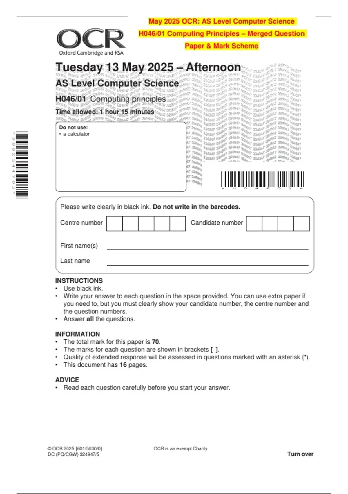 May 2025 OCR: AS Level Computer Science H046/01 Computing Principles ...