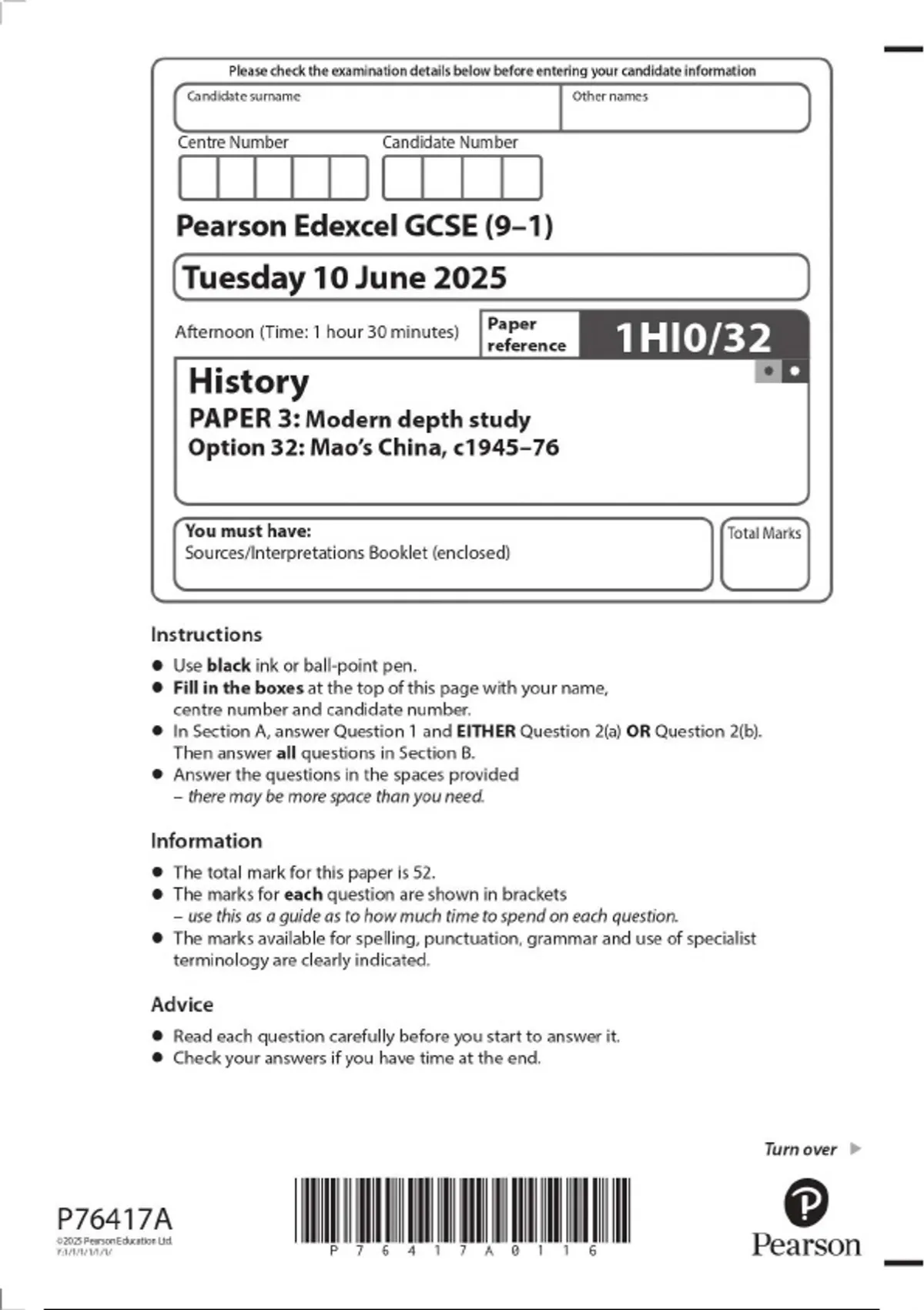 2025 Pearson Edexcel GCSE (9–1) History PAPER 3: 1HI0/32 Modern depth ...