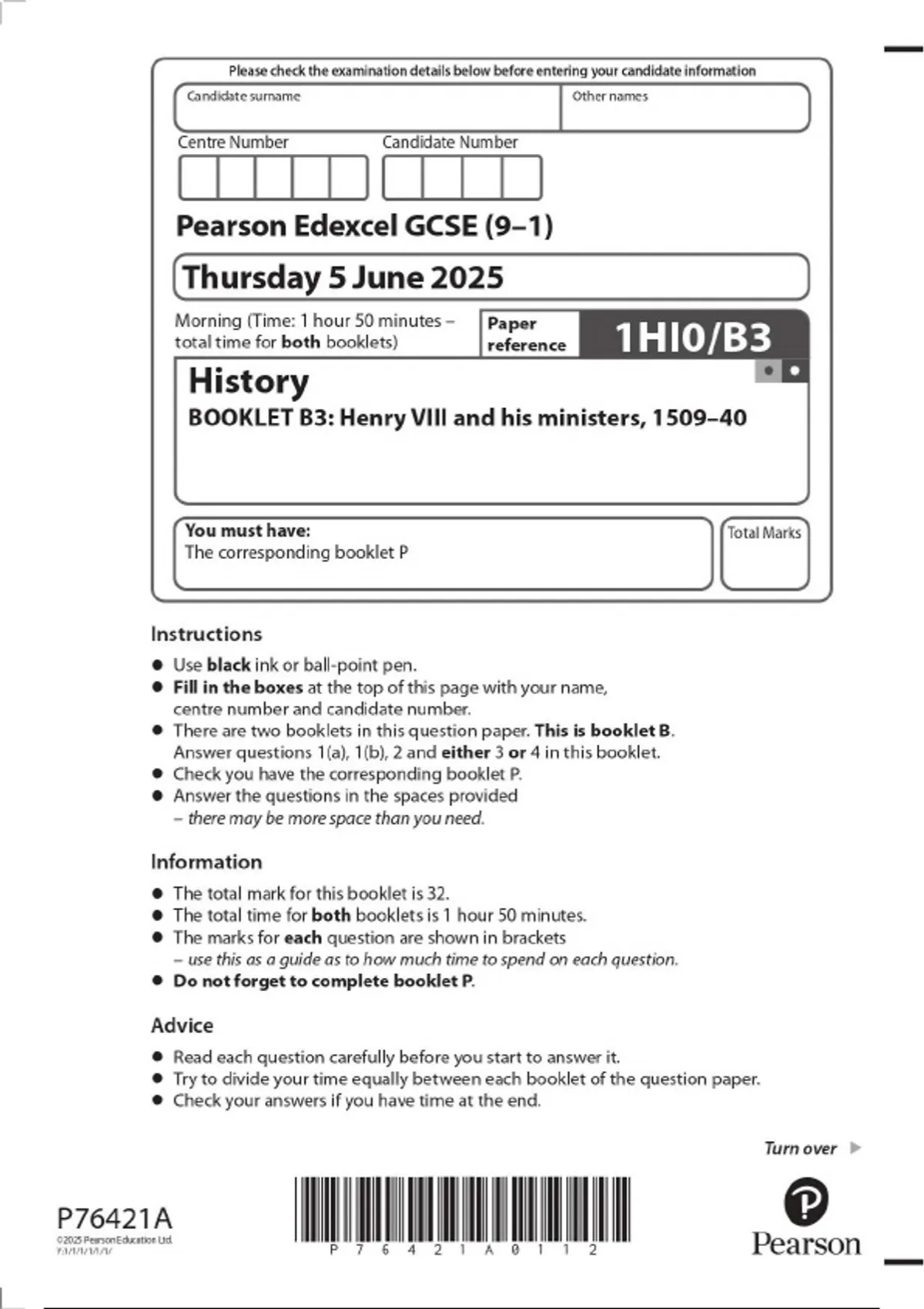 2025 Pearson Edexcel GCSE (9–1) History BOOKLET B3: 1HI0/B3 Henry VIII ...