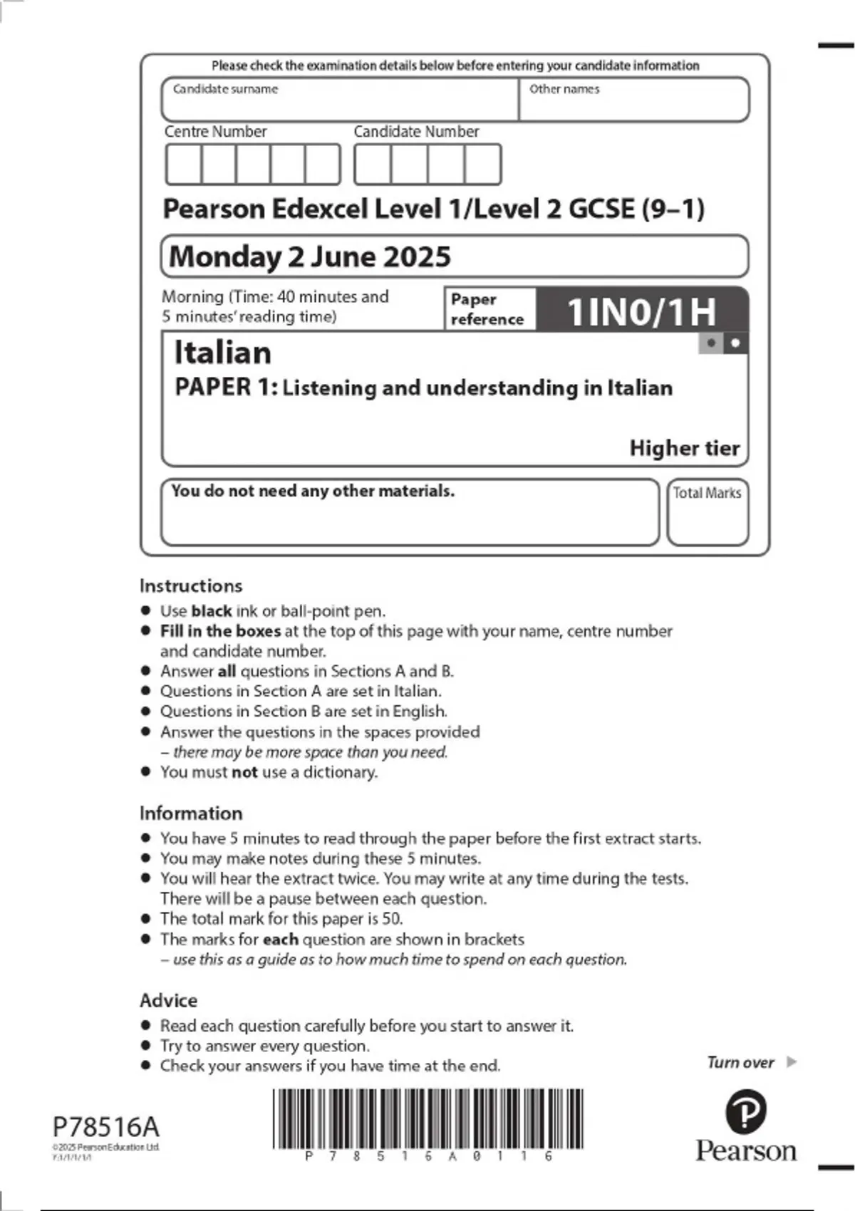 2025 Pearson Edexcel Level 1/Level 2 GCSE 1IN0/1H Italian PAPER 1 ...