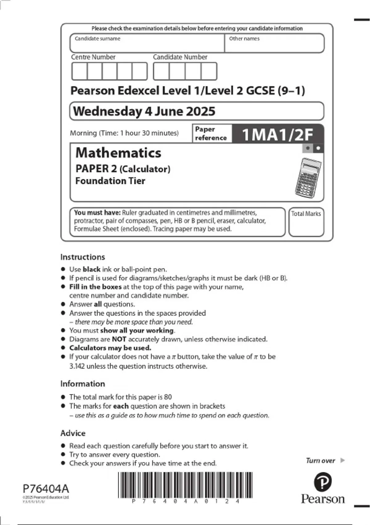 2025 Pearson Edexcel Level 1/Level 2 GCSE 1MA1/2F Mathematics PAPER 2 ...