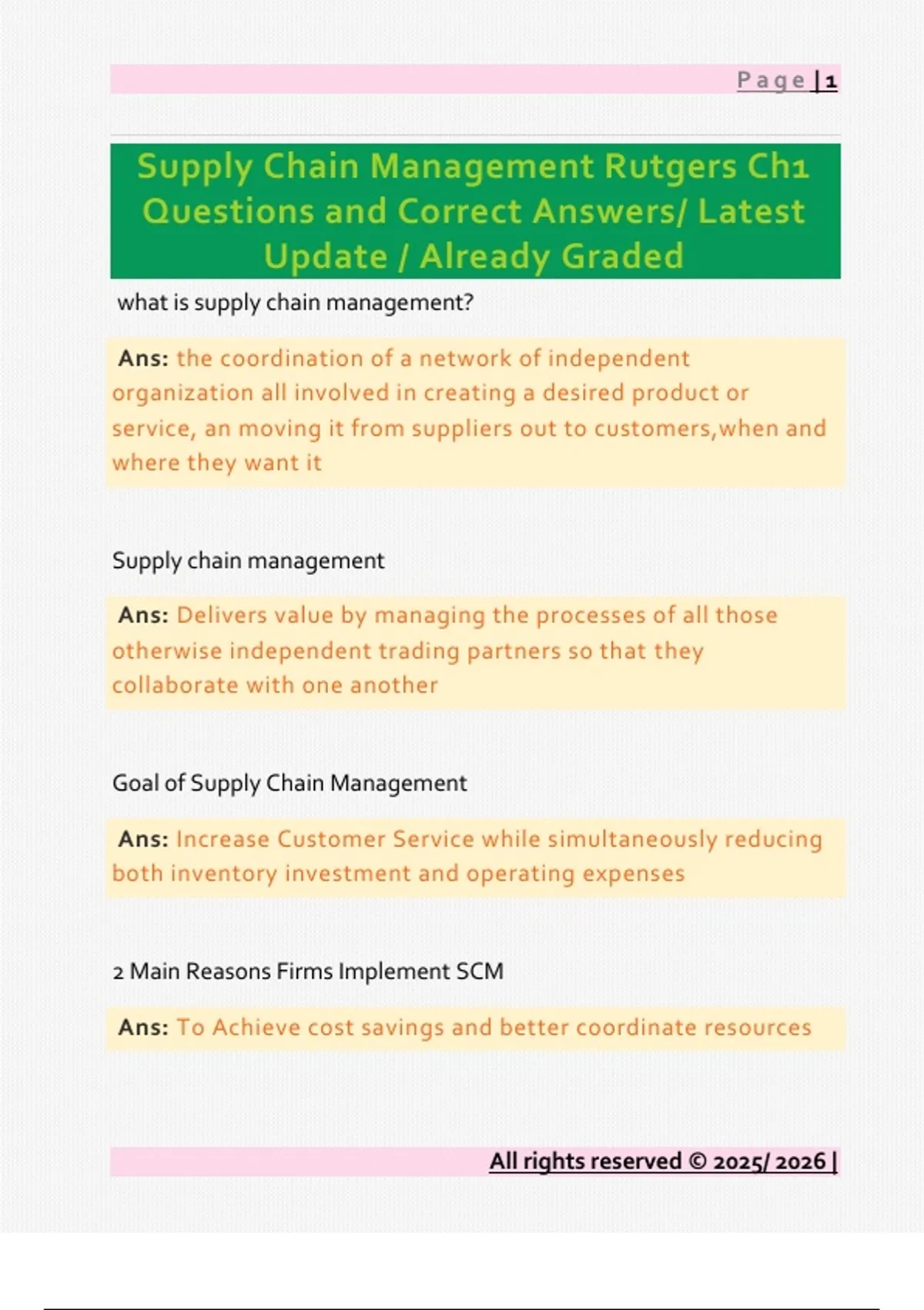 Supply Chain Management Rutgers Ch1 Questions and Correct Answers ...
