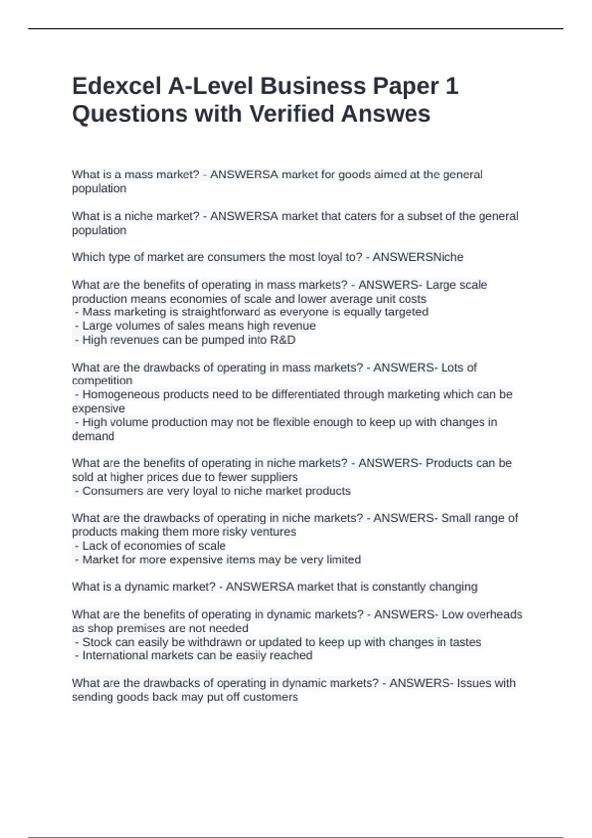 Edexcel A-Level Business Paper 1 Questions with Verified Answes ...