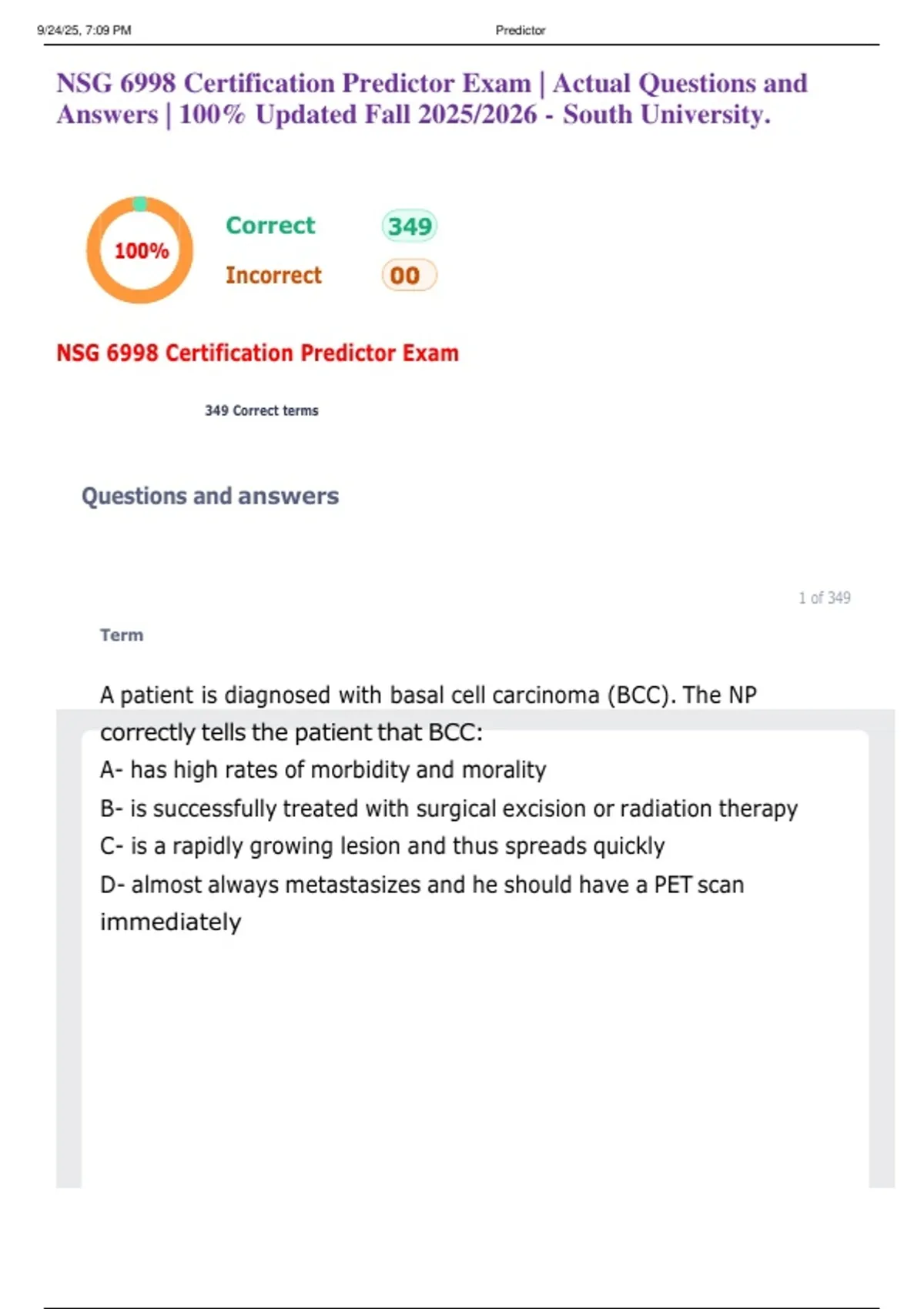 NSG 6998 Certification Predictor Exam | Actual Questions and Answers ...