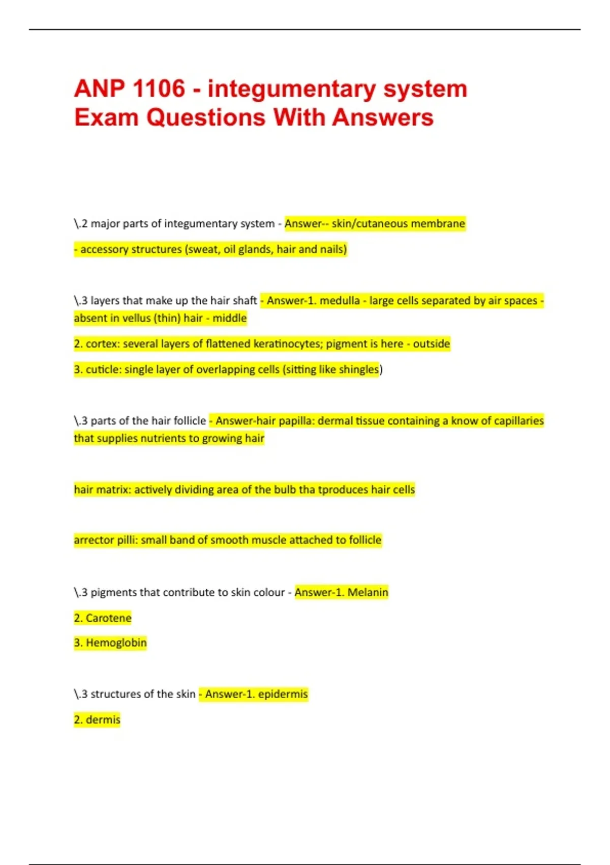 ANP 1106 - integumentary system Exam Questions With Answers - ANP 1106 ...