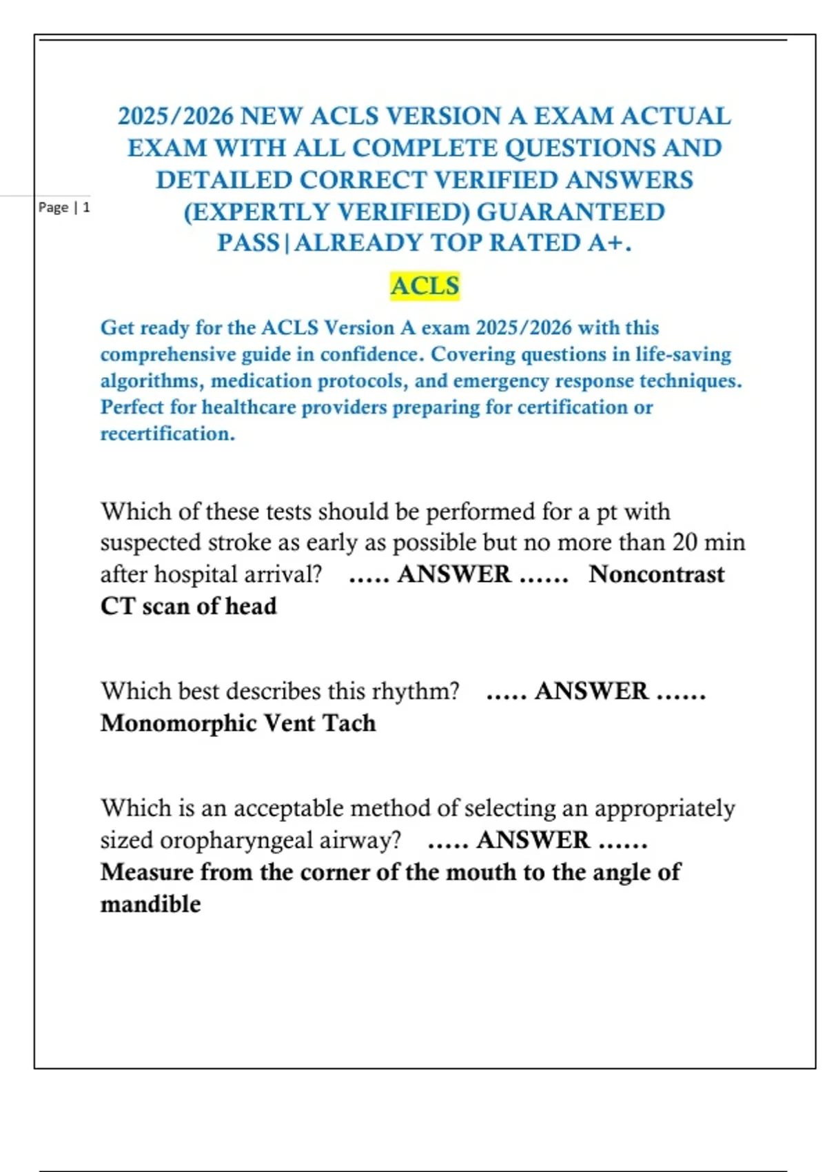 2025/2026 NEW ACLS VERSION A EXAM ACTUAL EXAM WITH ALL COMPLETE ...