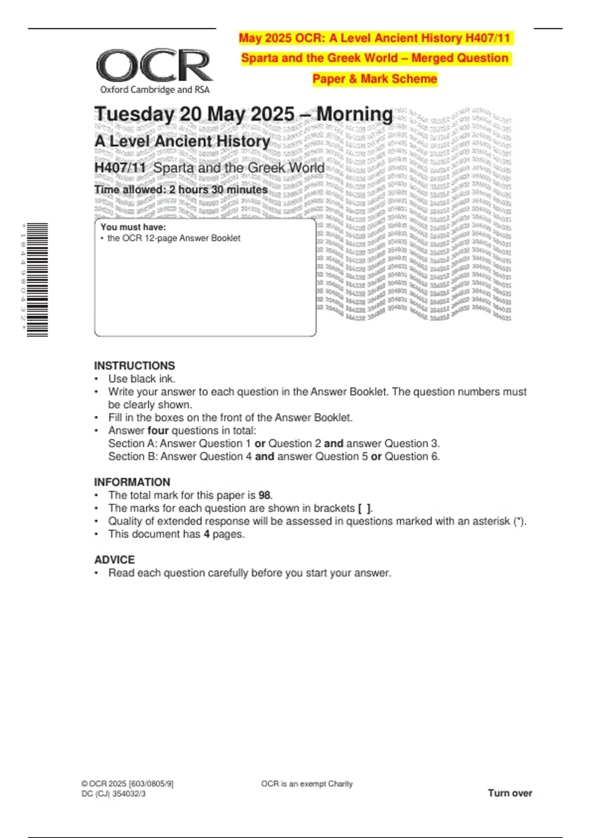 May 2025 OCR: A Level Ancient History H407/11 Sparta and the Greek ...