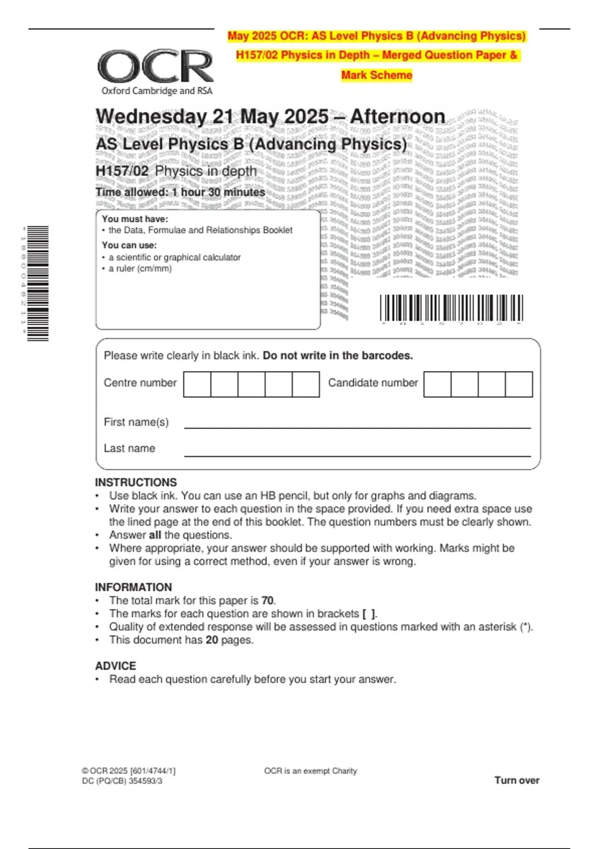 May 2025 OCR: AS Level Physics B (Advancing Physics) H157/02 Physics in Depth – Merged Question ...