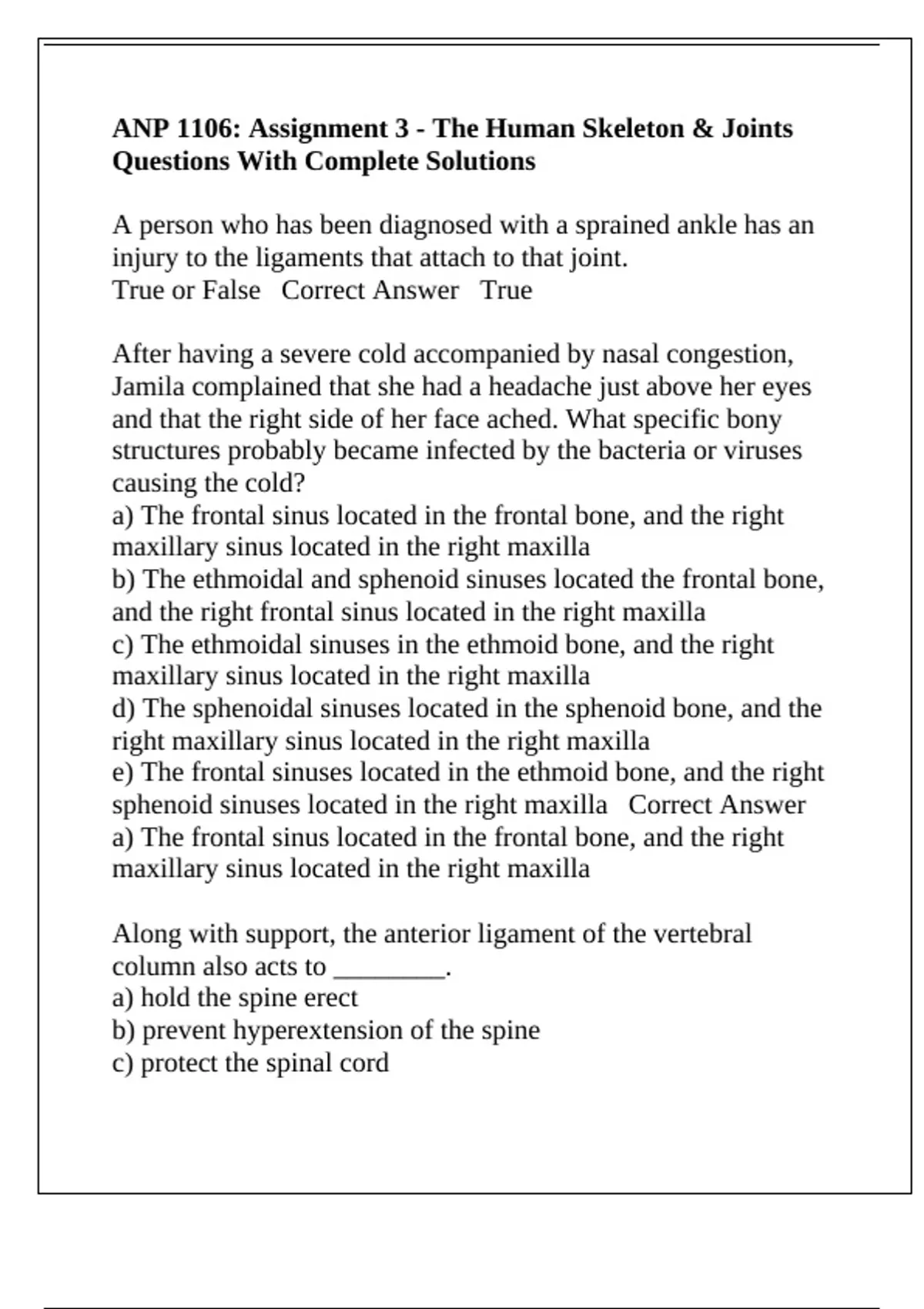 ANP 1106: Assignment 3 - The Human Skeleton & Joints Questions With ...