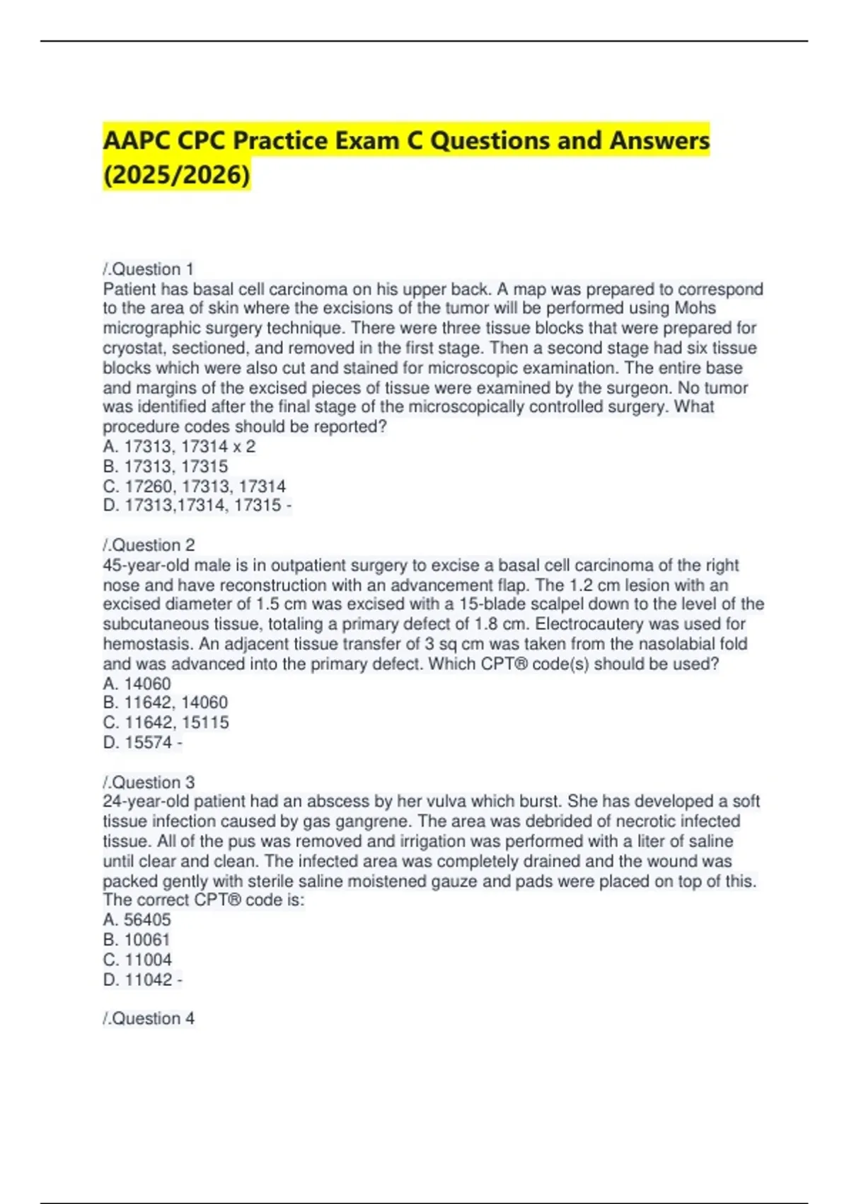 AAPC CPC Practice Exam C Questions and Answers (2025/2026) - AAPC CPC ...