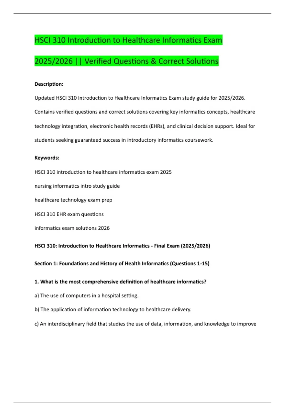 HSCI 310 Introduction to Healthcare Informatics Exam 2025/2026 ...