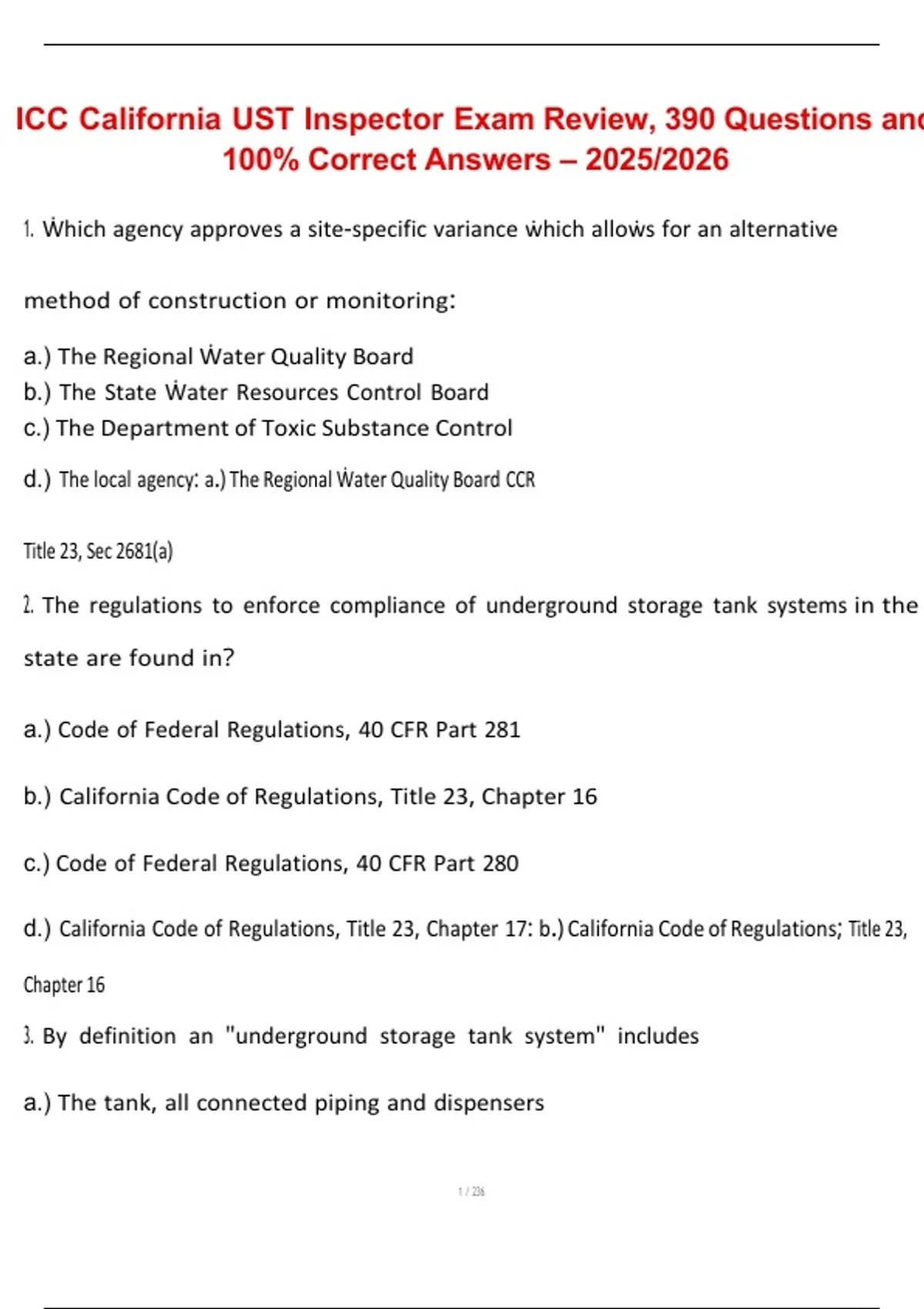 ICC California UST Inspector Exam Review 2025/2026 – 390 Questions and ...