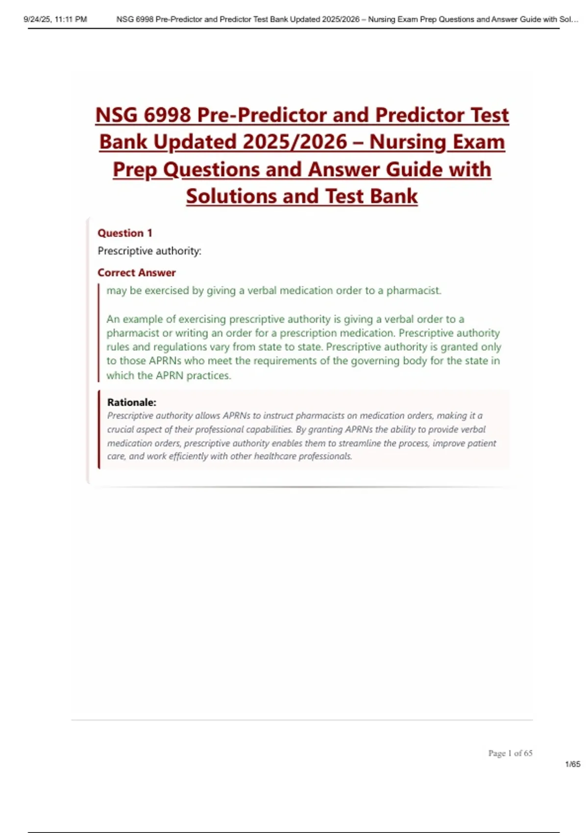NSG 6998 Pre-Predictor and Predictor Test Bank Updated 2025/2026 ...