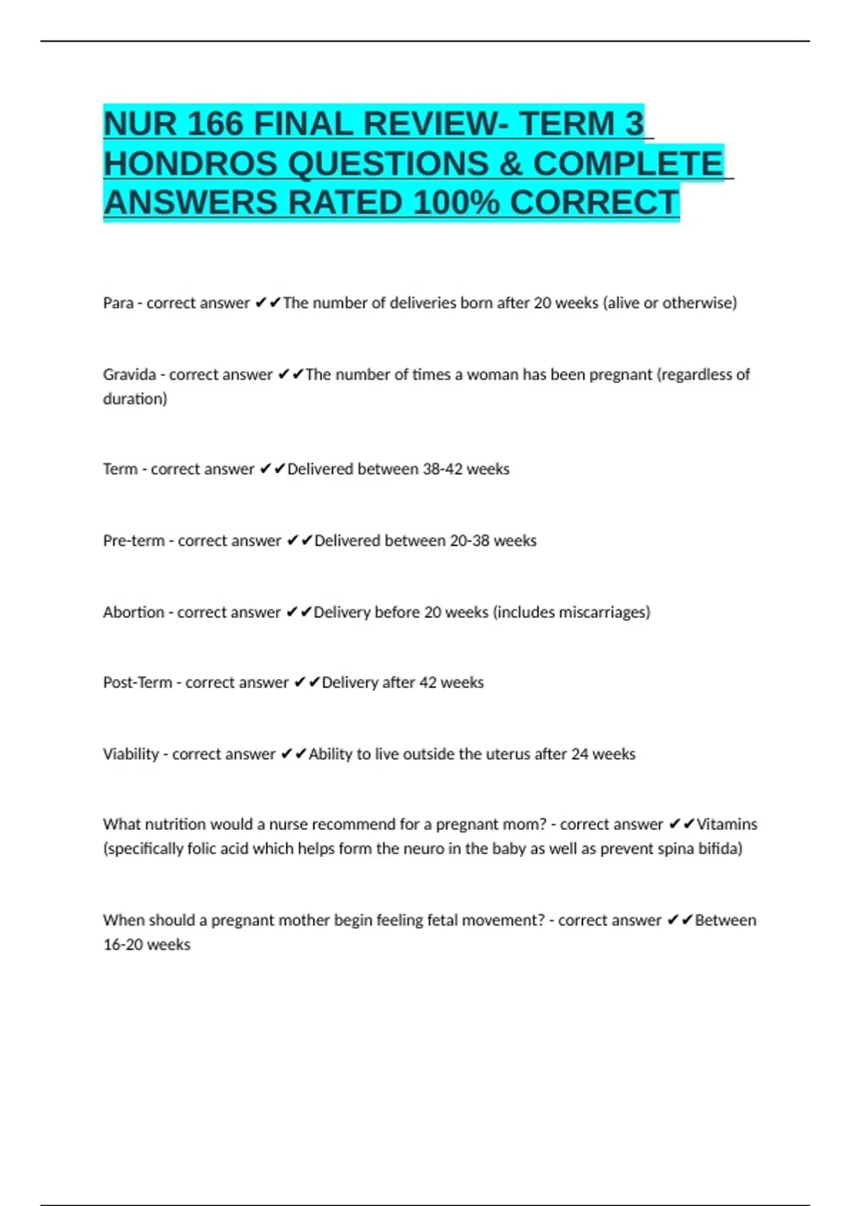 NUR 166 FINAL REVIEW- TERM 3 HONDROS QUESTIONS & COMPLETE ANSWERS RATED ...