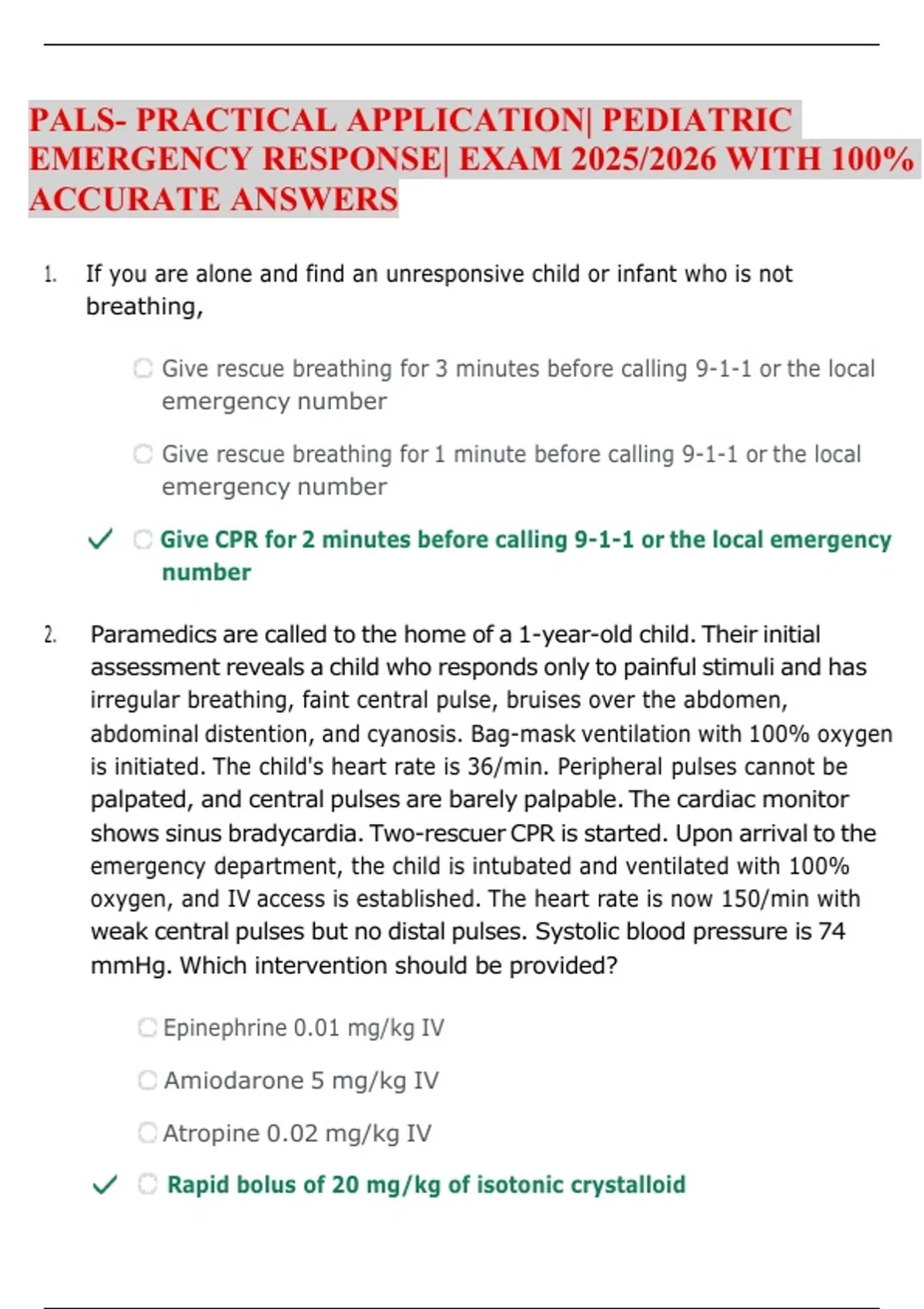 PALS- PRACTICAL APPLICATION| PEDIATRIC EMERGENCY RESPONSE| EXAM 2025/ ...
