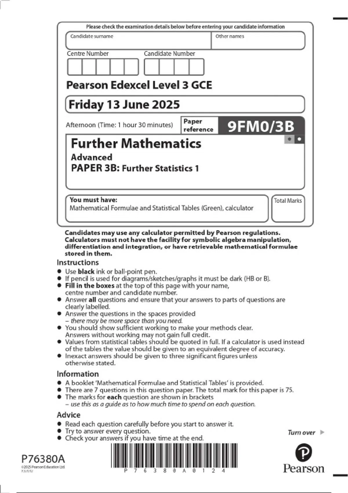 2025 Pearson Edexcel Level 3 GCE 9FM0/3B Further Mathematics Advanced ...
