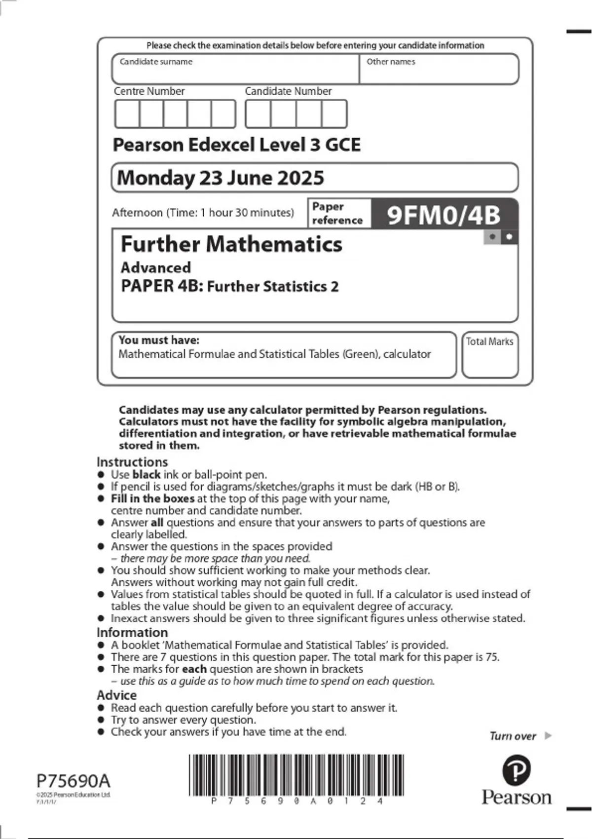 2025 Pearson Edexcel Level 3 GCE 9FM0/4B Further Mathematics Advanced ...