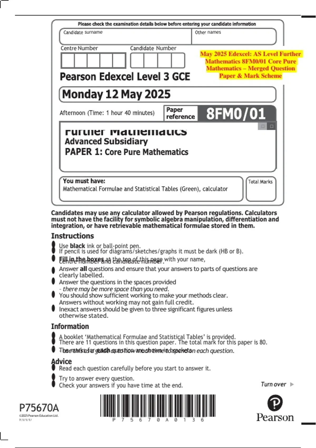 May 2025 Edexcel: AS Level Further Mathematics 8FM0/01 Core Pure ...