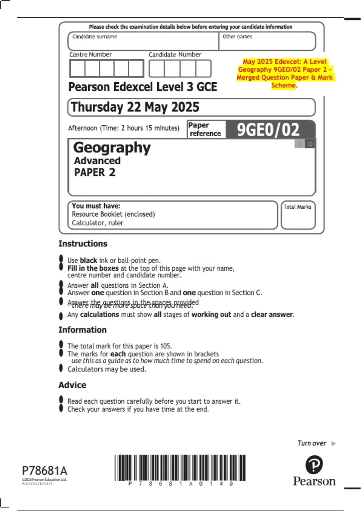 May 2025 Edexcel A Level Geography (9GEO) | Combined Question Papers ...
