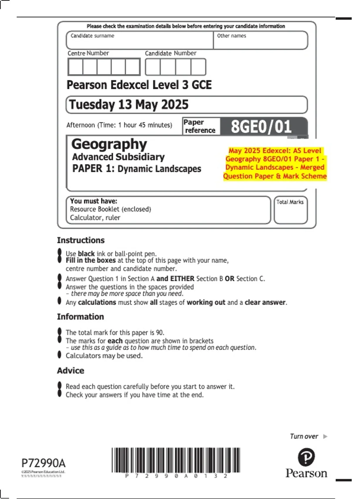 May 2025 Edexcel: AS Level Geography 8GEO/01 Paper 1 – Dynamic ...