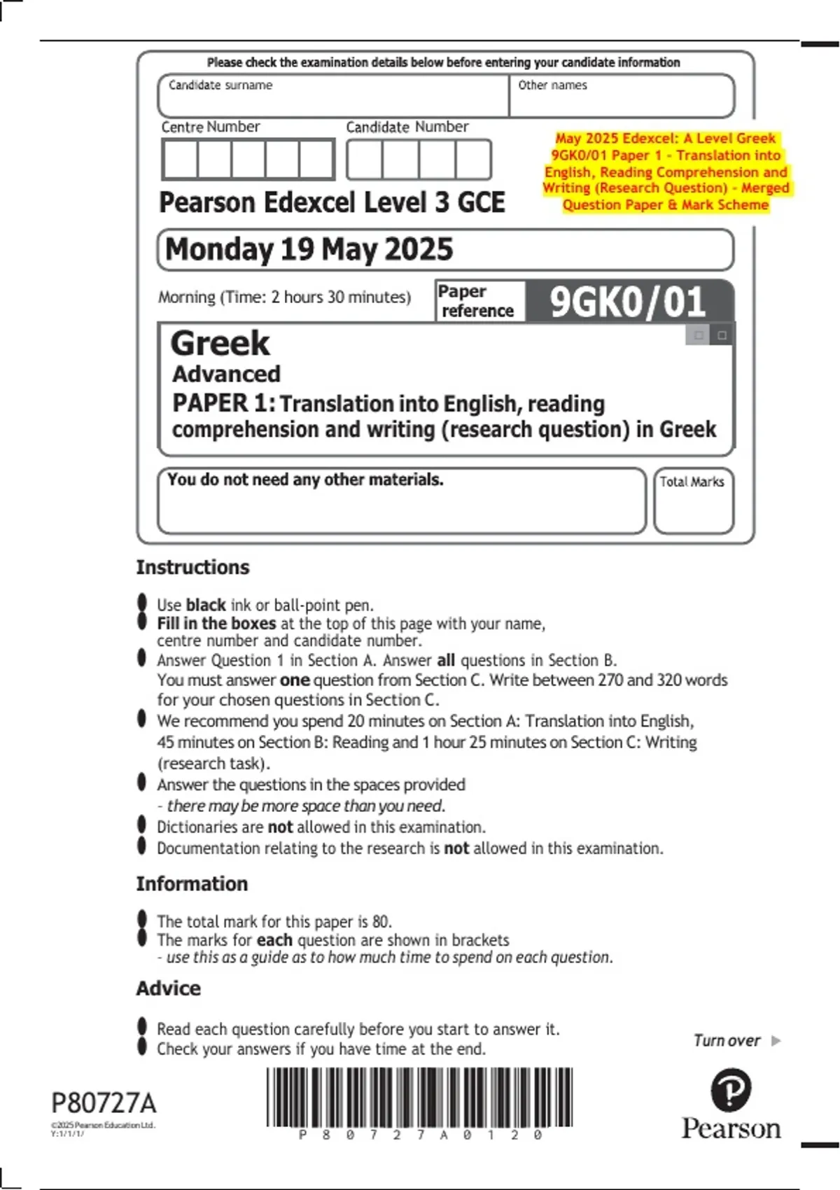 May 2025 Edexcel: A Level Greek 9GK0/01 Paper 1 – Translation into ...
