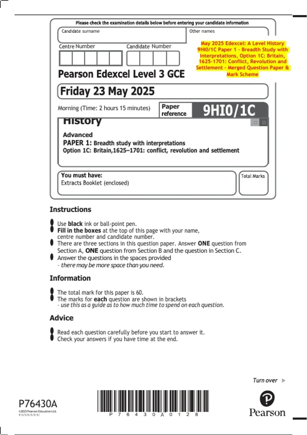 May 2025 Edexcel: A Level History 9HI0/1C Paper 1 – Breadth Study with ...