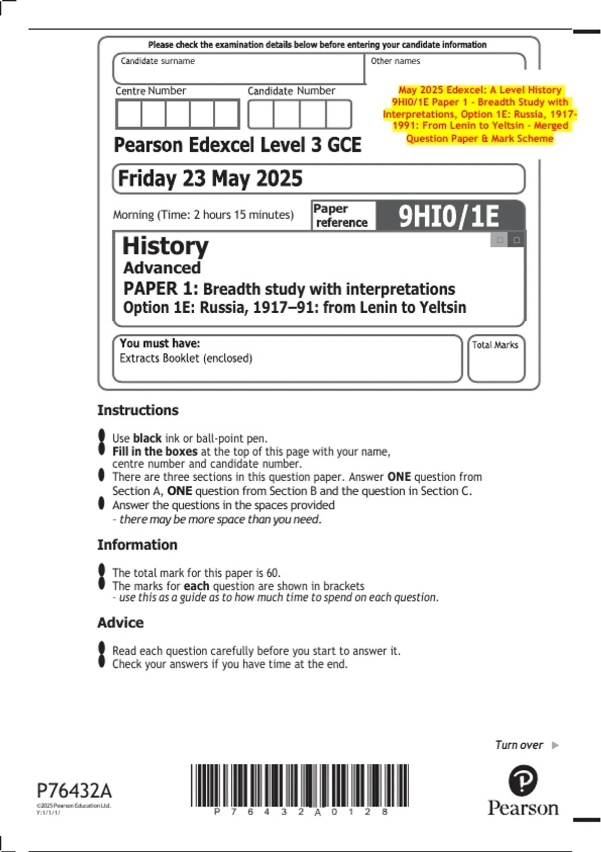 May 2025 Edexcel: A Level History 9HI0/1E Paper 1 – Breadth Study with ...