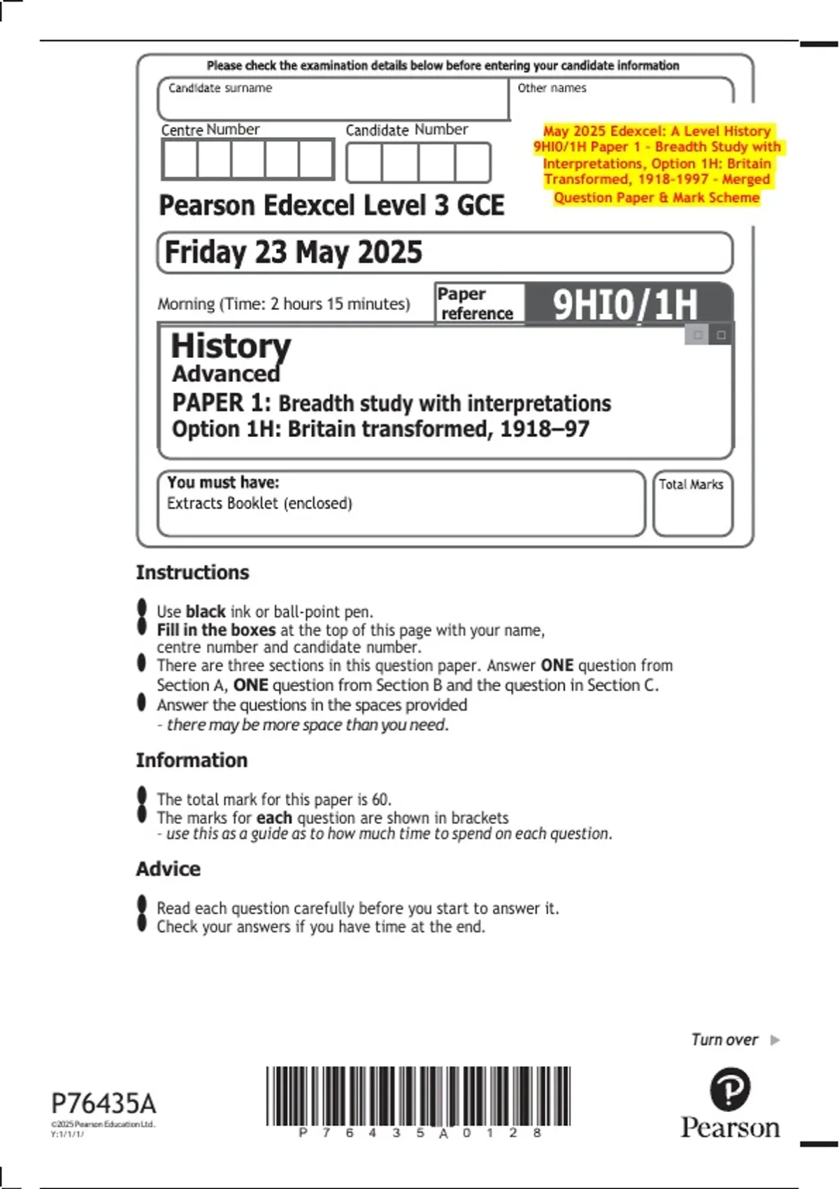 May 2025 Edexcel: A Level History 9HI0/1H Paper 1 – Breadth Study with ...