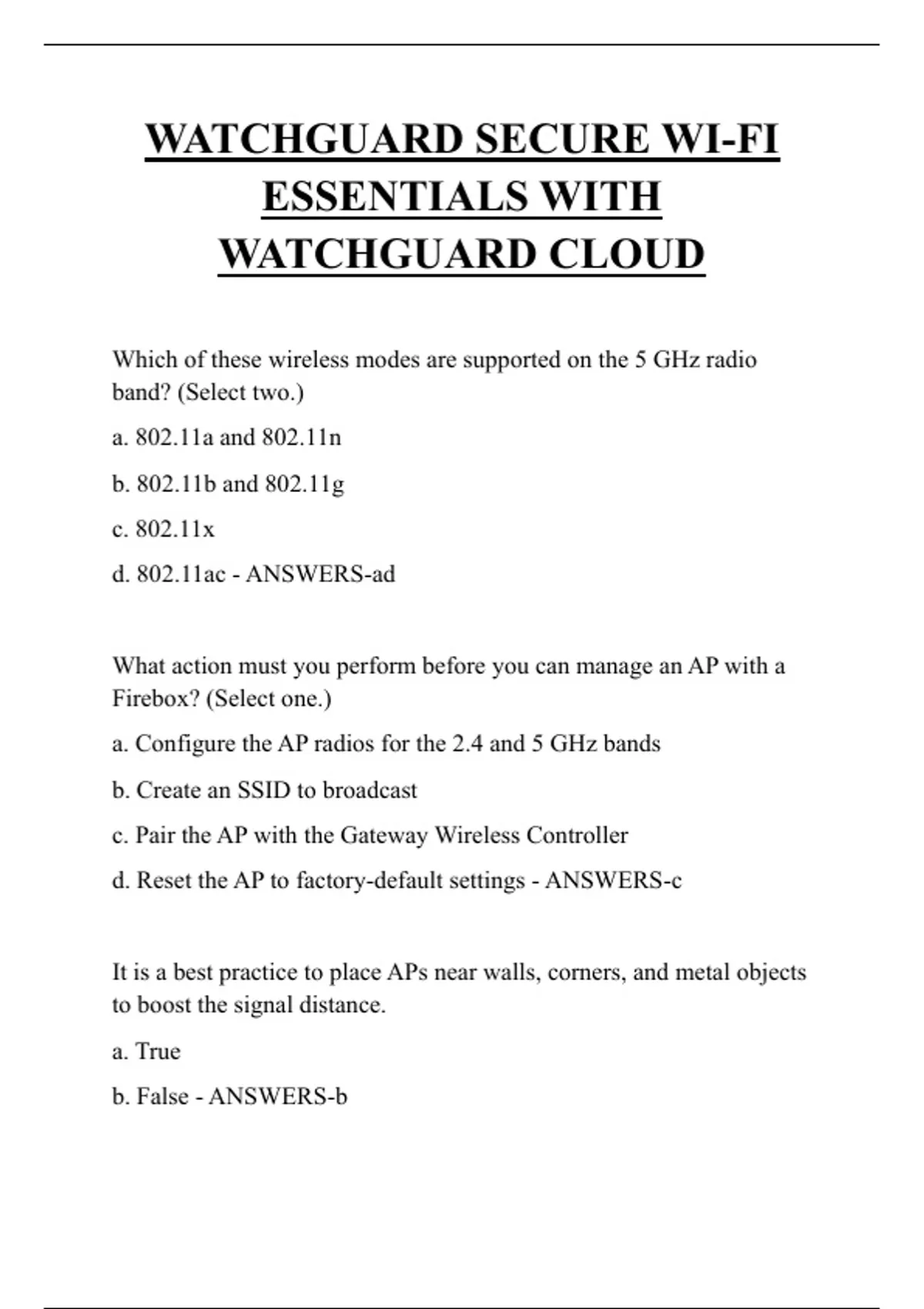 WATCHGUARD SECURE WI-FI ESSENTIALS WITH WATCHGUARD CLOUD QUESTIONS AND ...