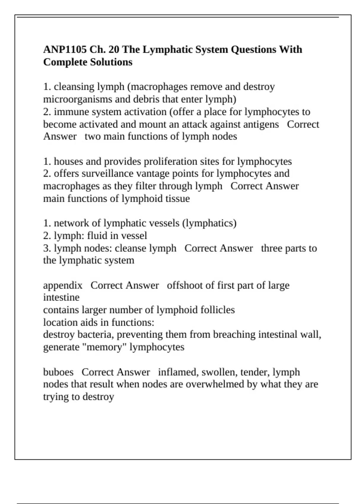 ANP1105 Ch. 20 The Lymphatic System Questions With Complete Solutions ...