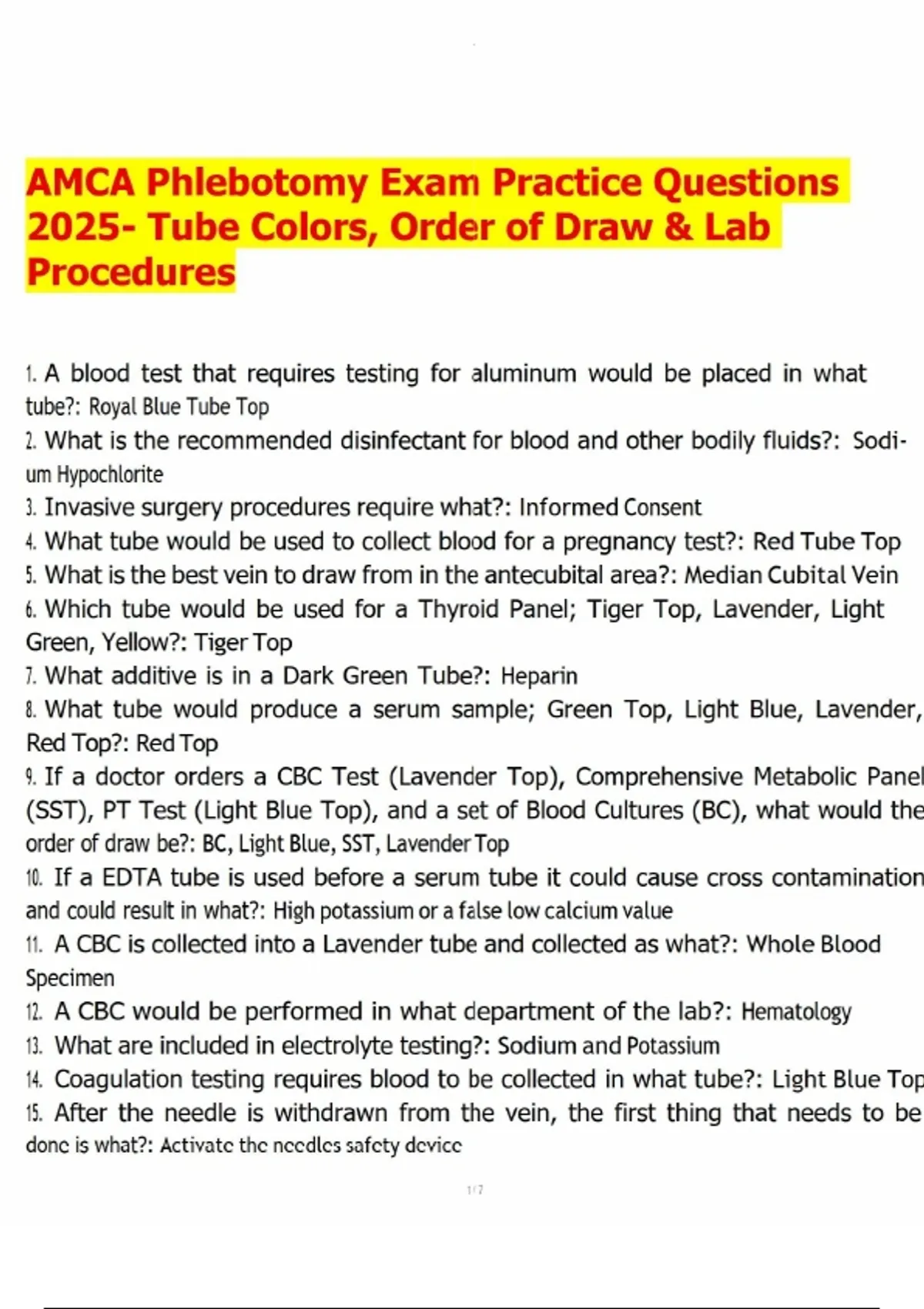 AMCA Phlebotomy Exam Practice Questions 2025- Tube Colors, Order of ...