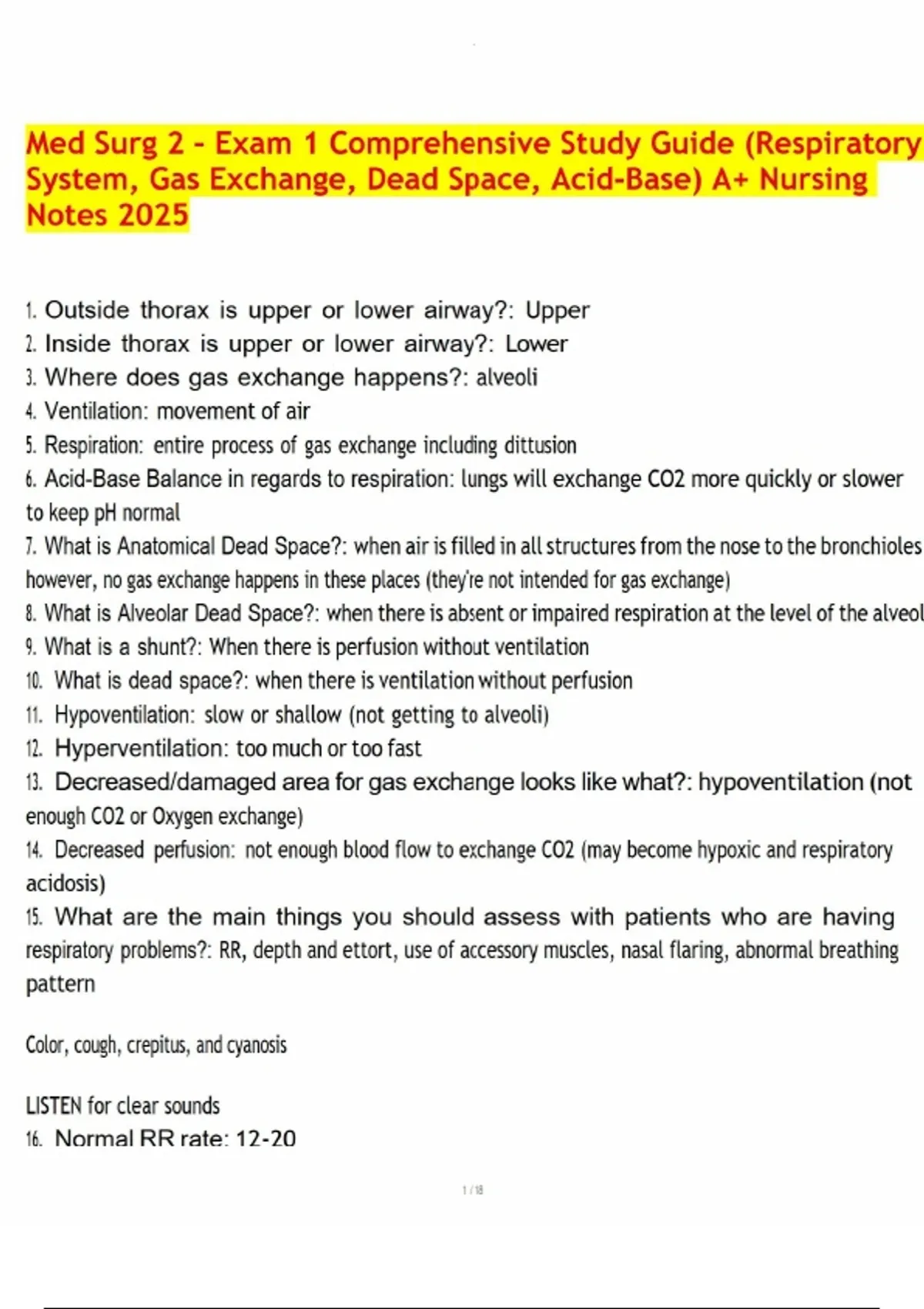 Med Surg 2 – Exam 1 Comprehensive Study Guide (Respiratory System, Gas ...