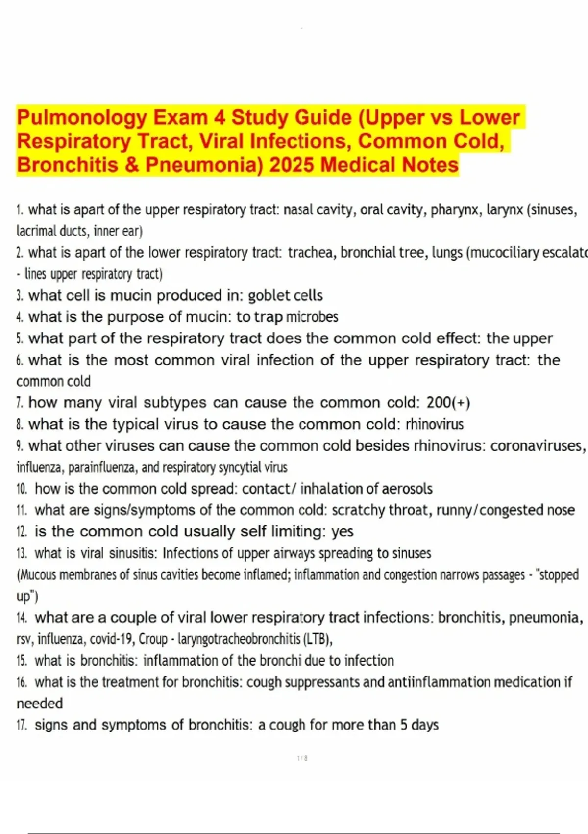 Pulmonology Exam 4 Study Guide (Upper vs Lower Respiratory Tract, Viral ...