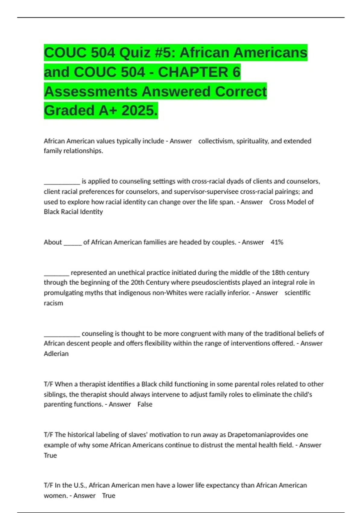 COUC 504 Quiz #5: African Americans and COUC 504 - CHAPTER 6 ...