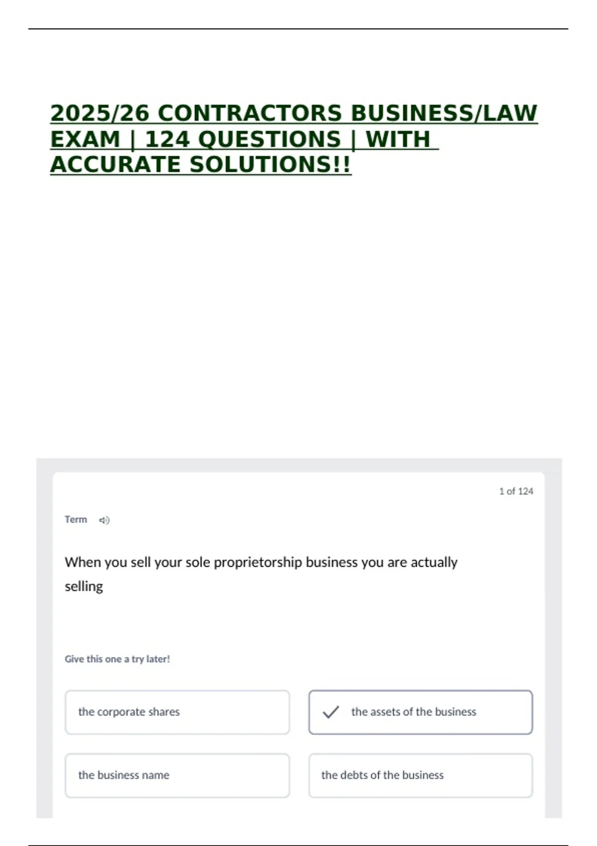 2025/26 CONTRACTORS BUSINESS/LAW EXAM | 124 QUESTIONS | WITH ACCURATE ...