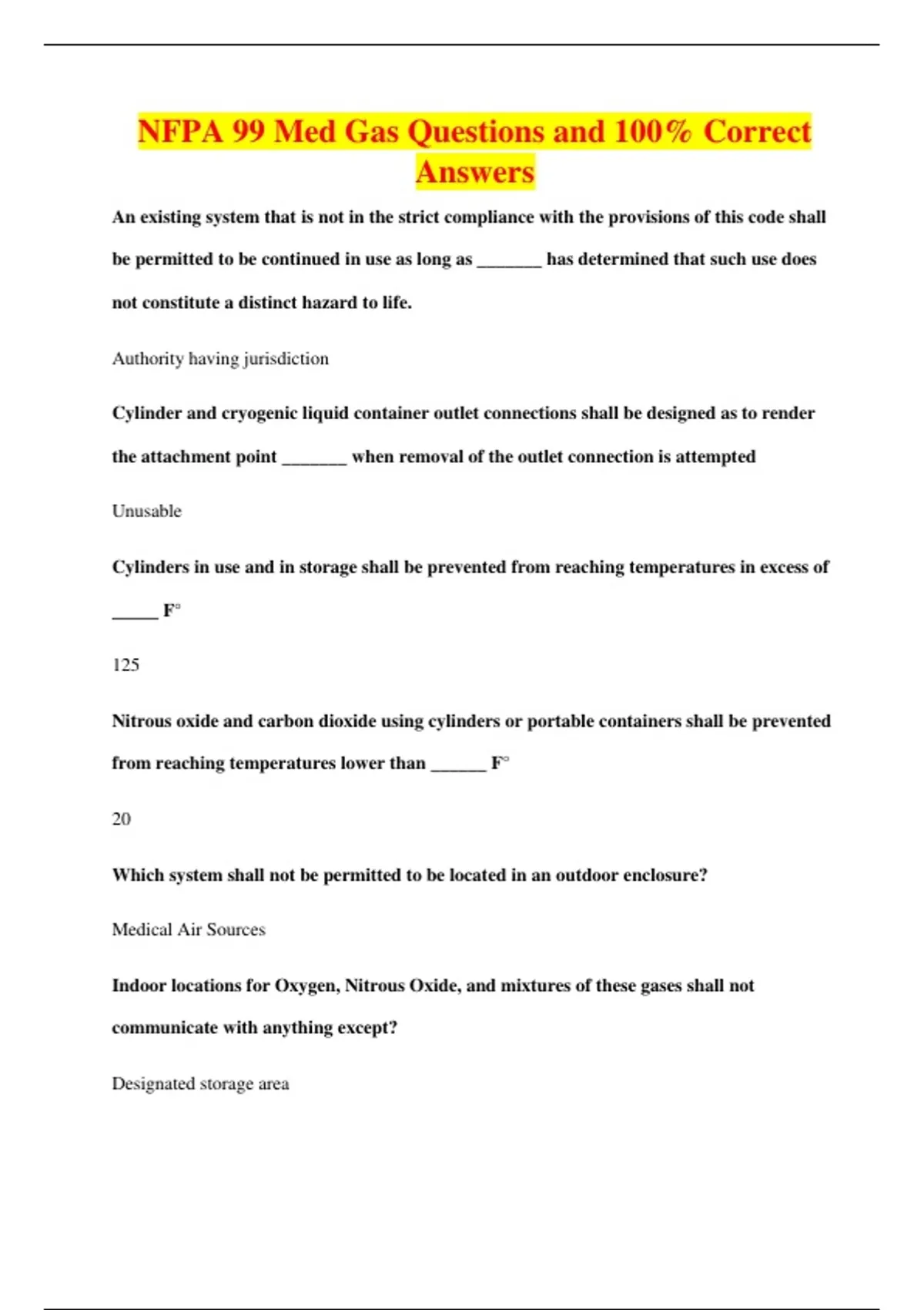 NFPA 99 Med Gas Questions and 100% Correct Answers - MED GAS - Stuvia US