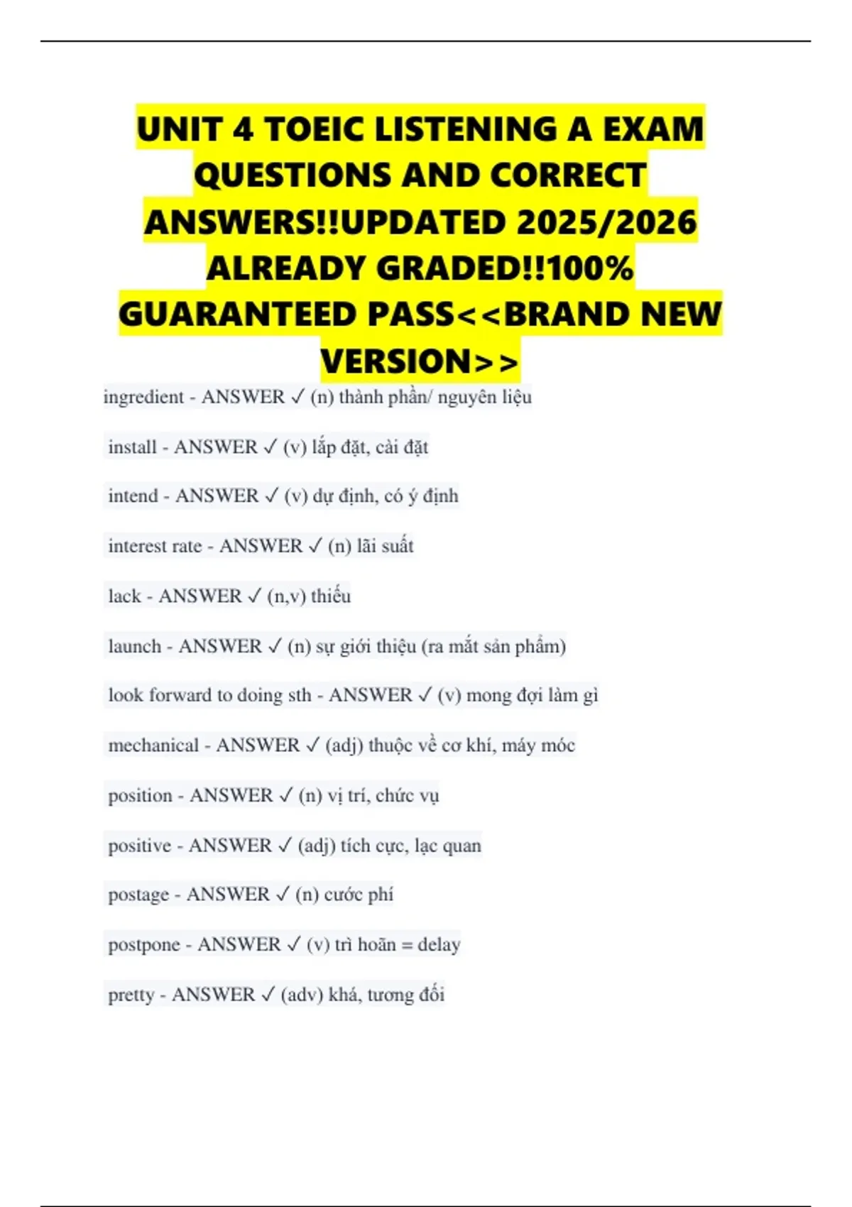 UNIT 4 TOEIC LISTENING A EXAM QUESTIONS AND CORRECT ANSWERS!!UPDATED ...