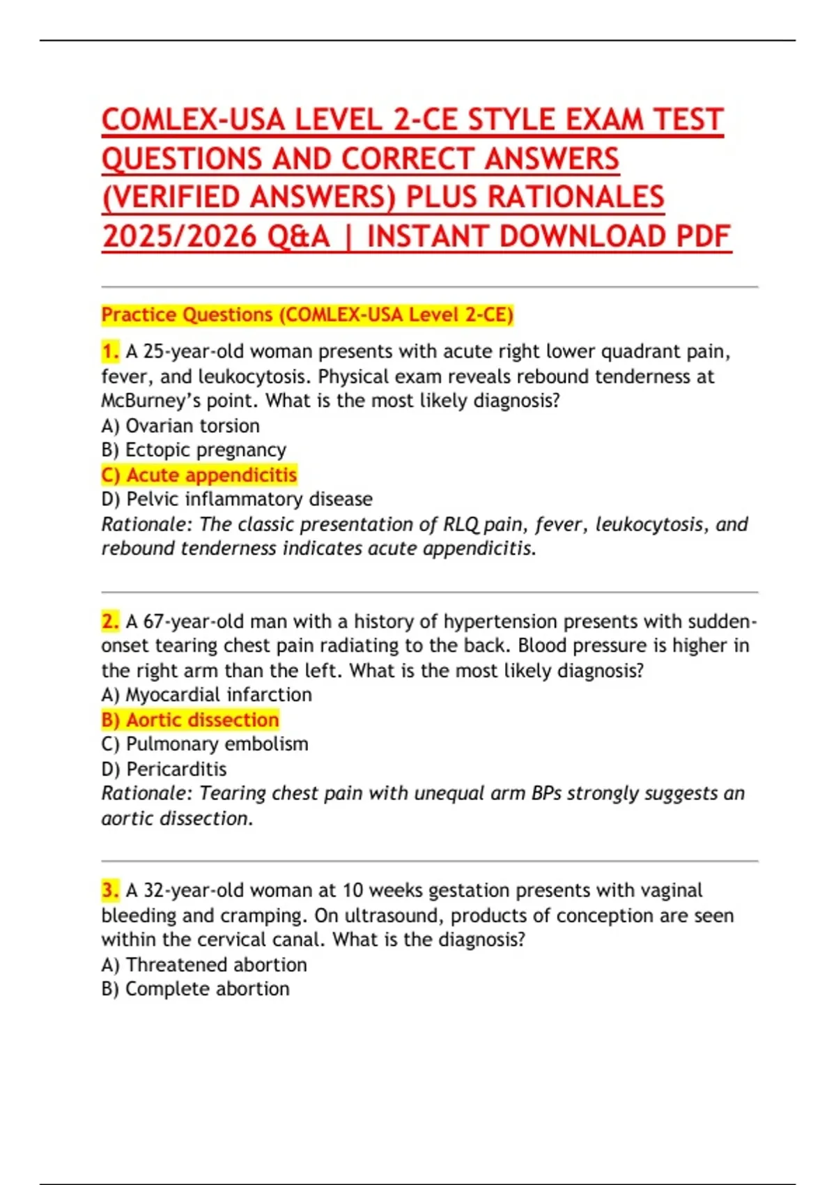 COMLEX-USA LEVEL 2-CE STYLE EXAM TEST QUESTIONS AND CORRECT ANSWERS ...