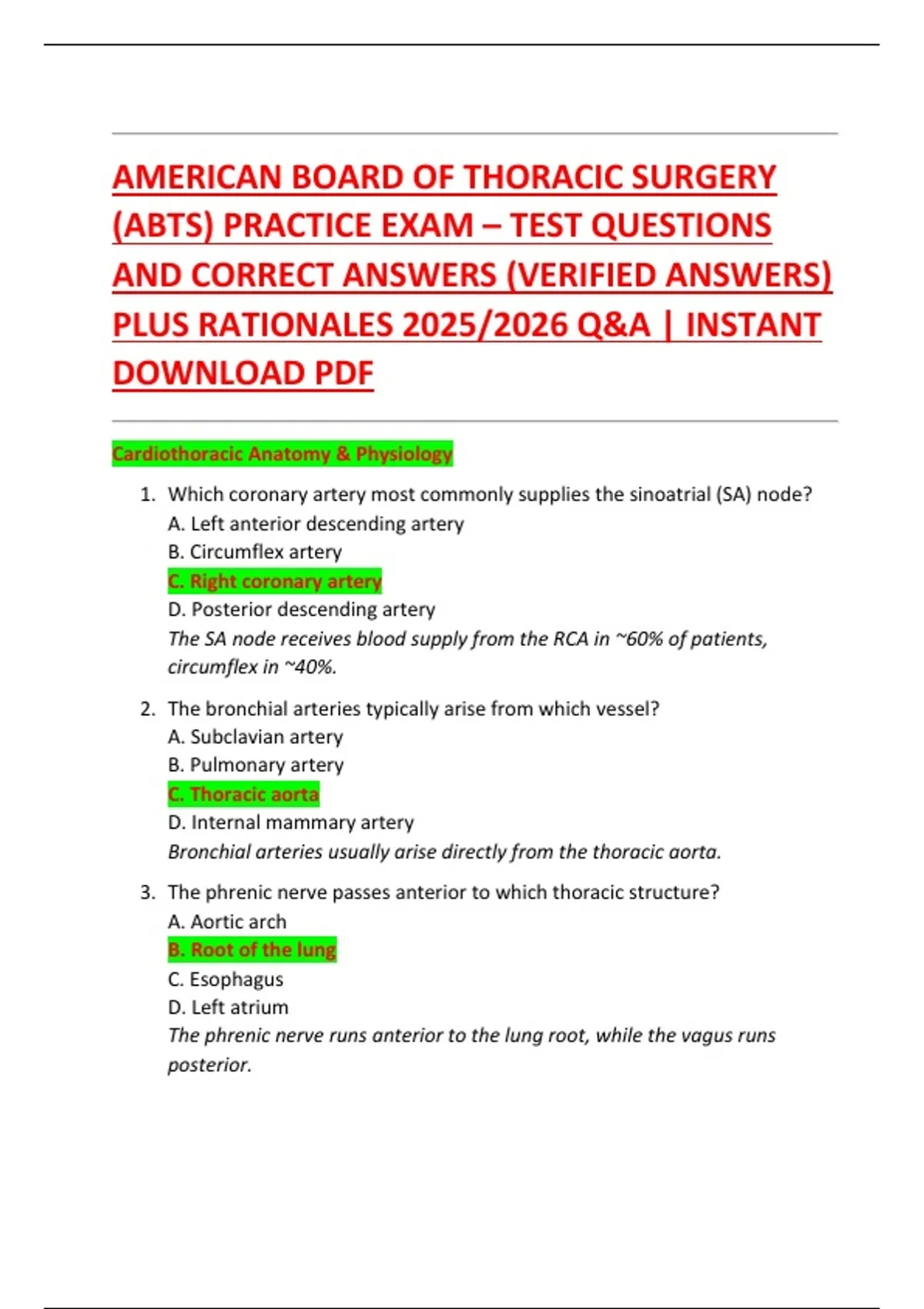 AMERICAN BOARD OF THORACIC SURGERY (ABTS) PRACTICE EXAM – TEST ...
