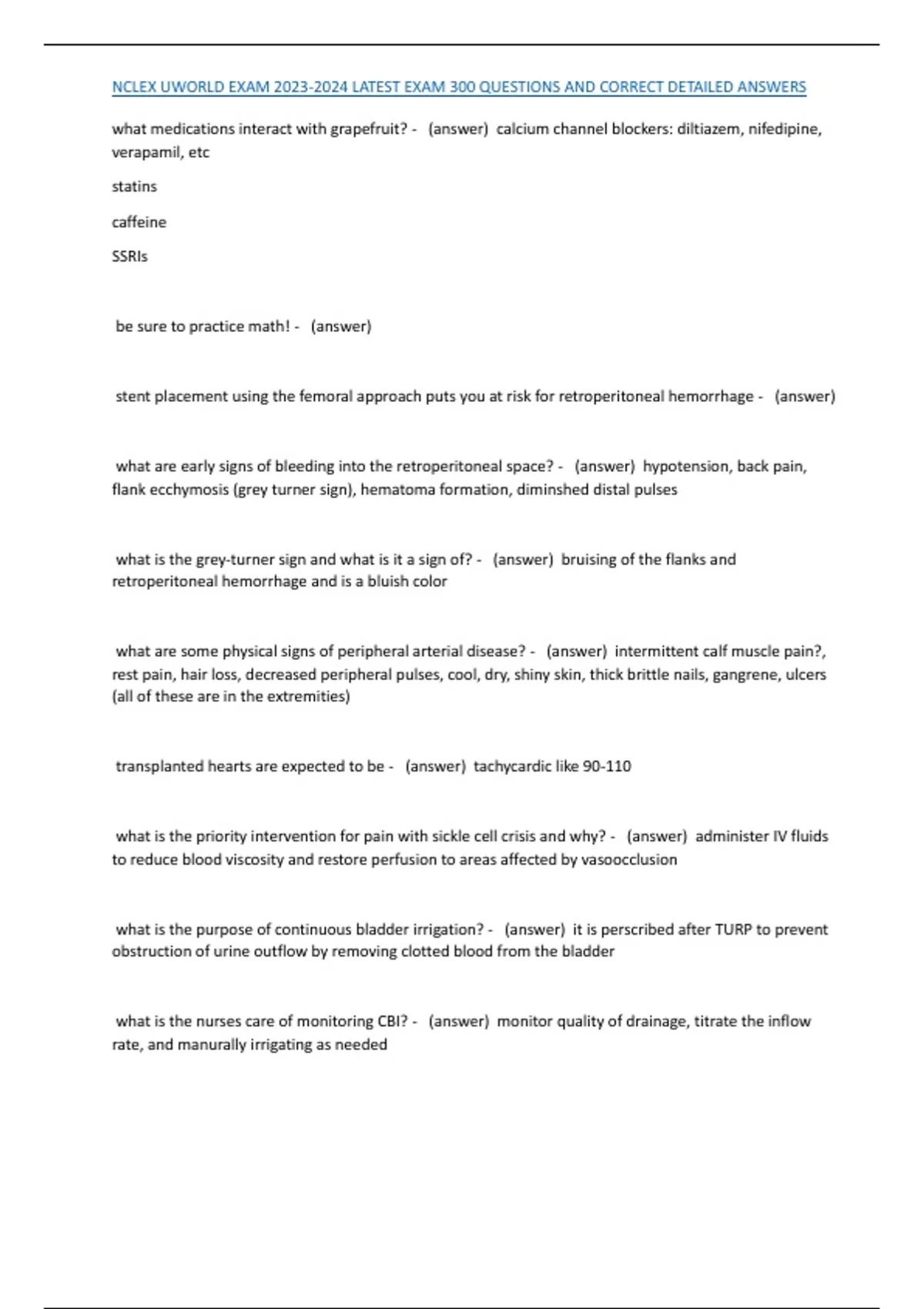 NCLEX UWORLD EXAM LATEST EXAM 300 QUESTIONS AND CORRECT DETAILED ...