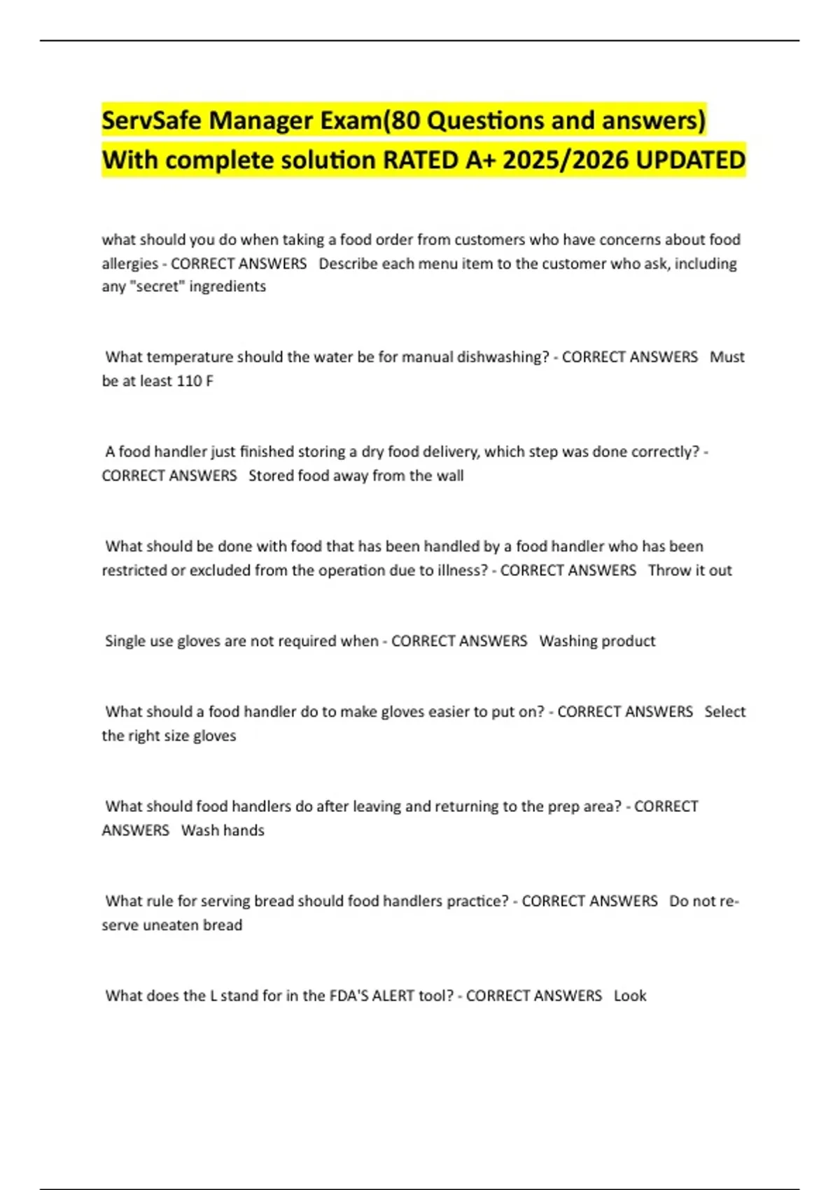 ServSafe Manager Exam(80 Questions and answers) With complete solution ...