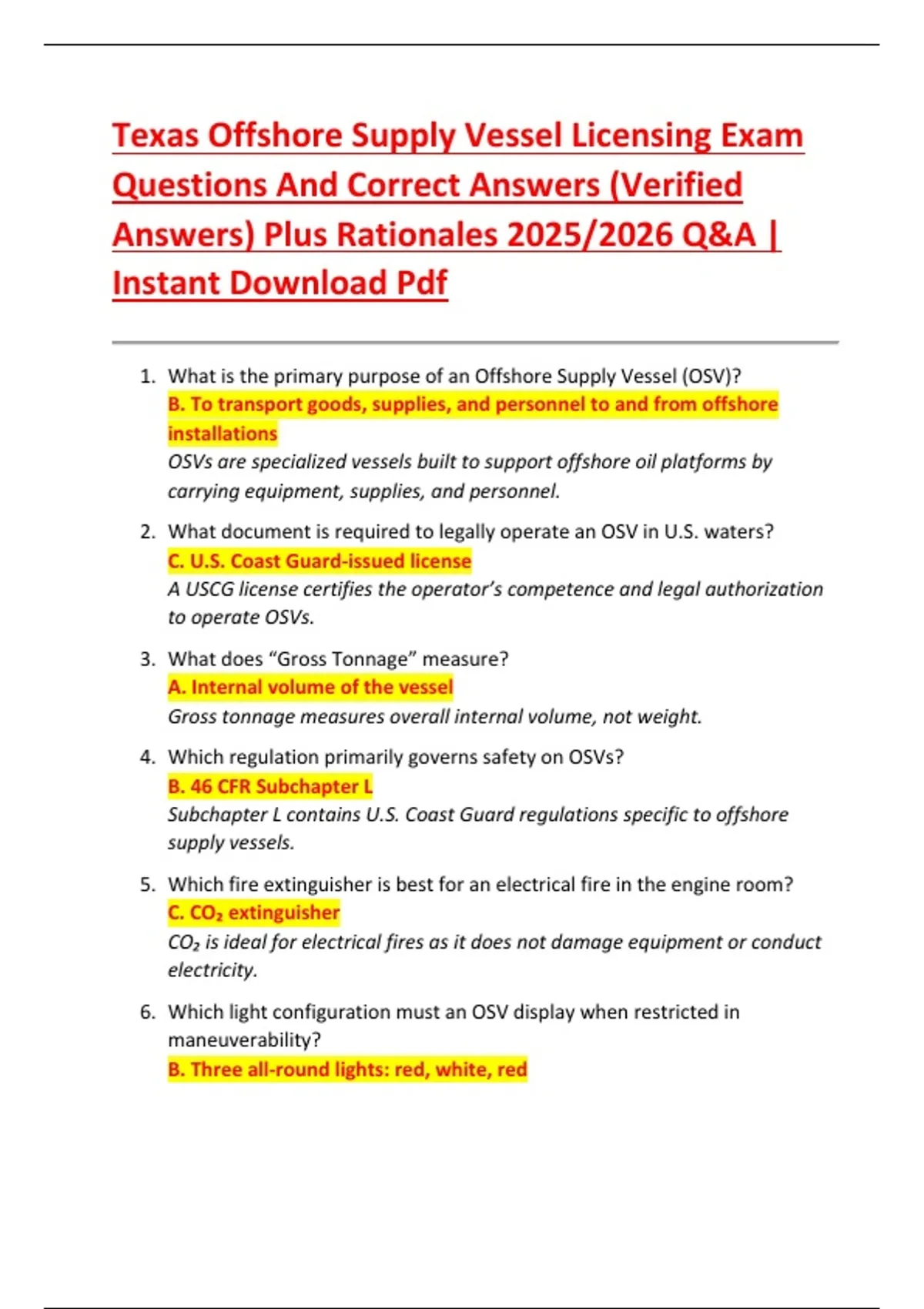 Texas Offshore Supply Vessel Licensing Exam Questions And Correct ...