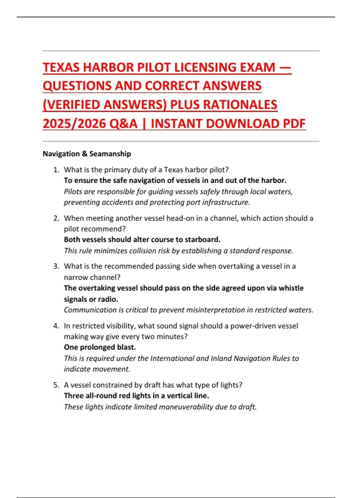 TEXAS HARBOR PILOT LICENSING EXAM — QUESTIONS AND CORRECT ANSWERS (VERIFIED ANSWERS) PLUS ...