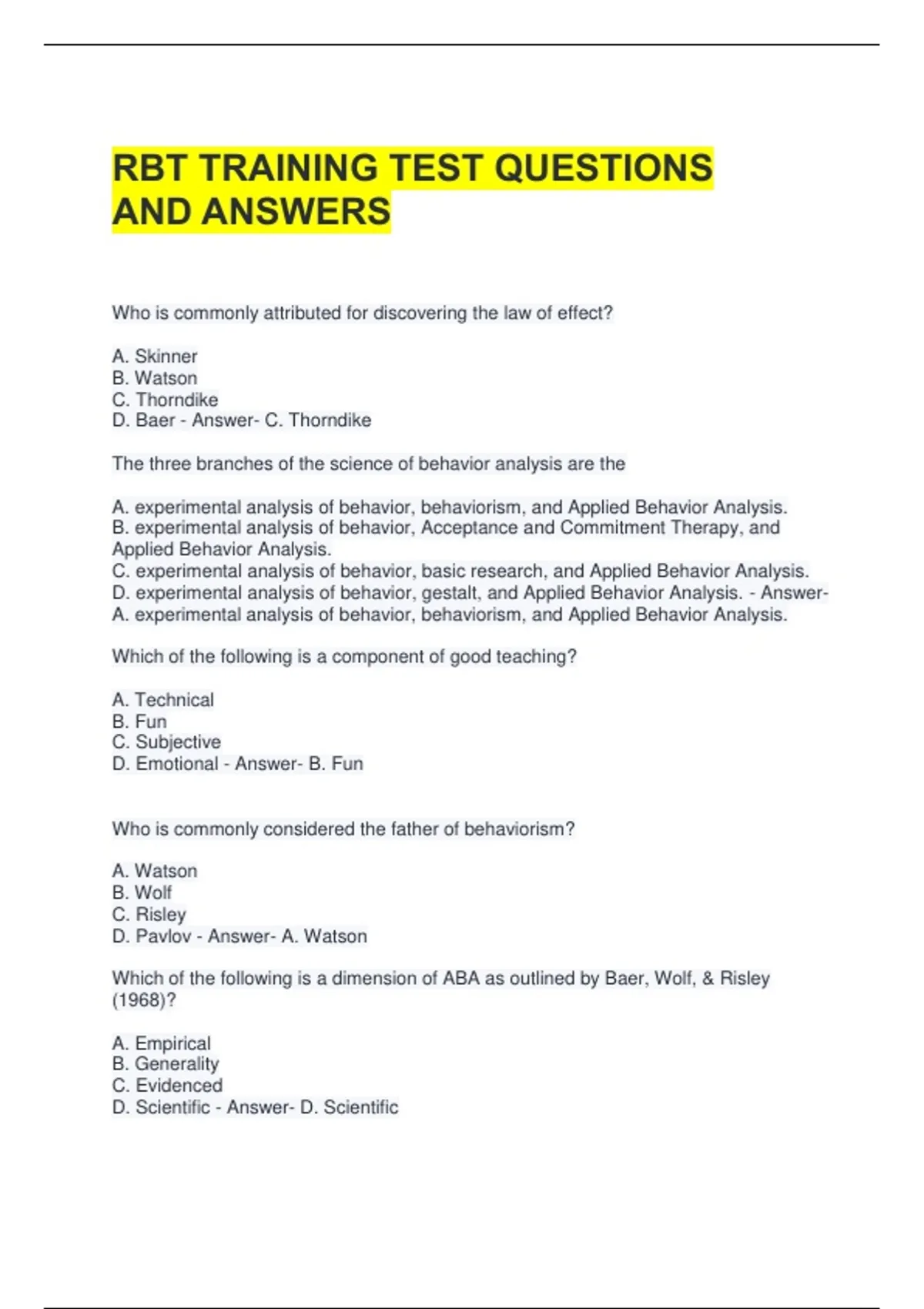 RBT TRAINING TEST QUESTIONS AND ANSWERS - RBT TRAINING - Stuvia US