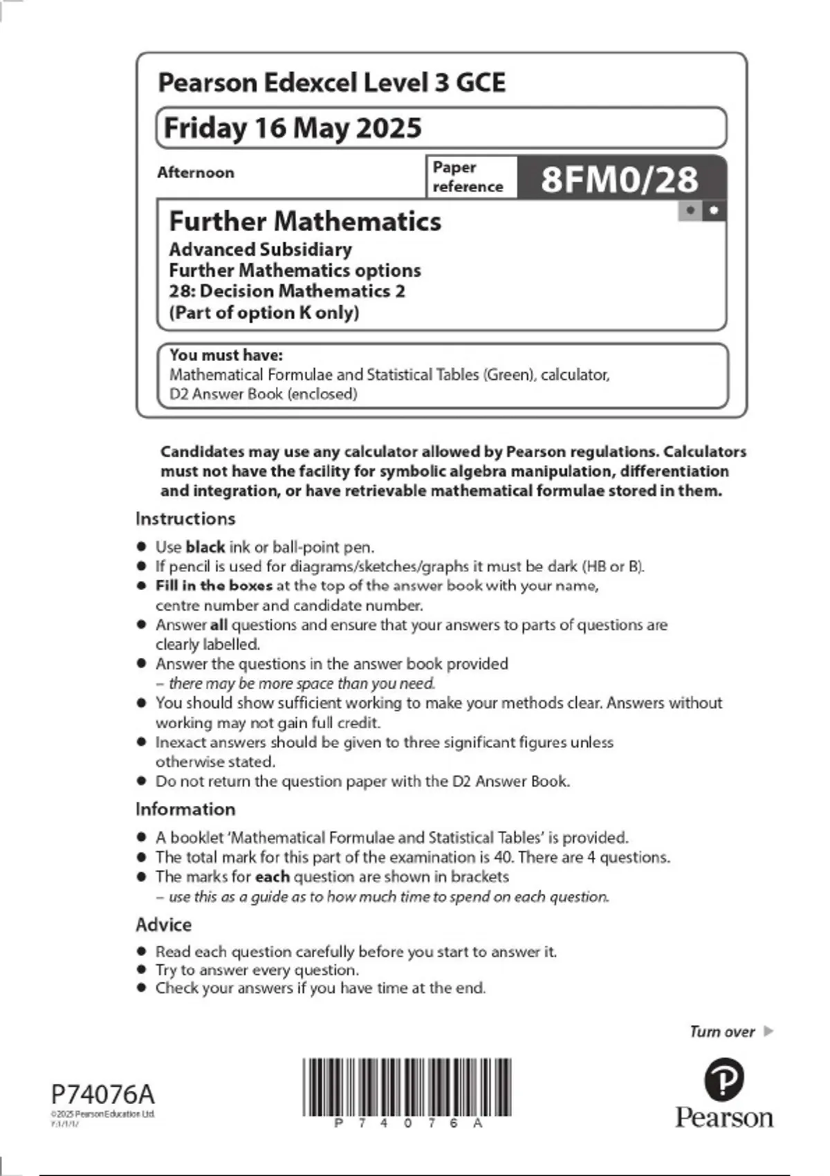 2025 Pearson Edexcel Level 3 GCE 8FM0/01 Further Mathematics Advanced ...
