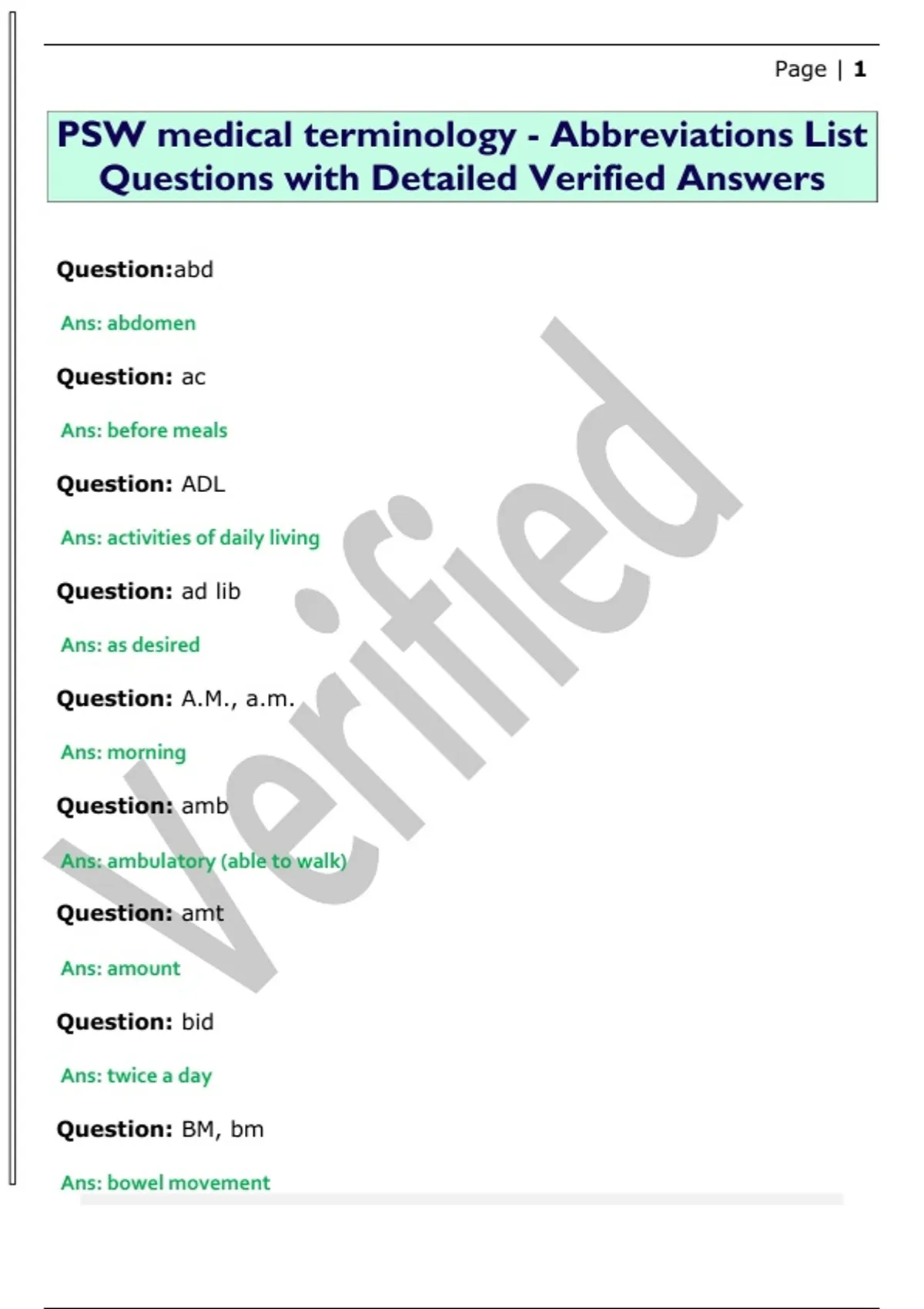 PSW medical terminology - Abbreviations List Questions with Detailed ...