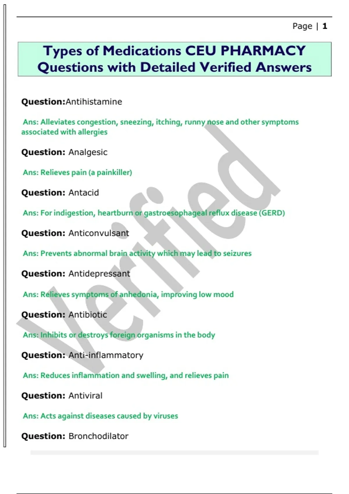 Types of Medications CEU PHARMACY Questions with Detailed Verified ...