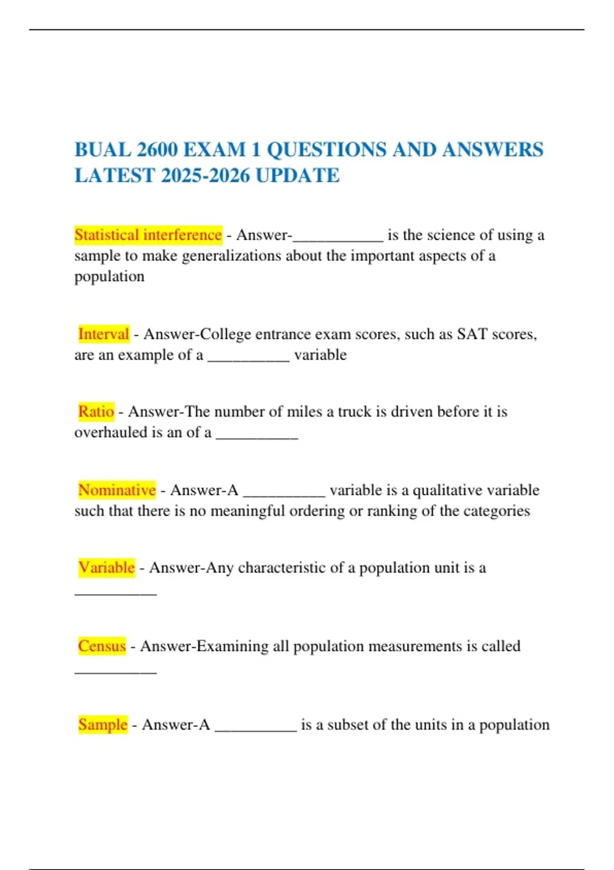 BUAL 2600 EXAM 1 QUESTIONS AND ANSWERS LATEST UPDATE - BUAL 2600 ...